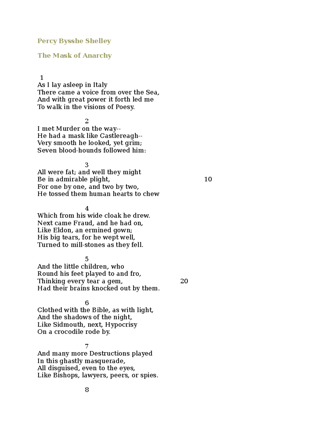 Shelley Poems - Percy Bysshe Shelley The Mask of Anarchy 1 As I lay ...