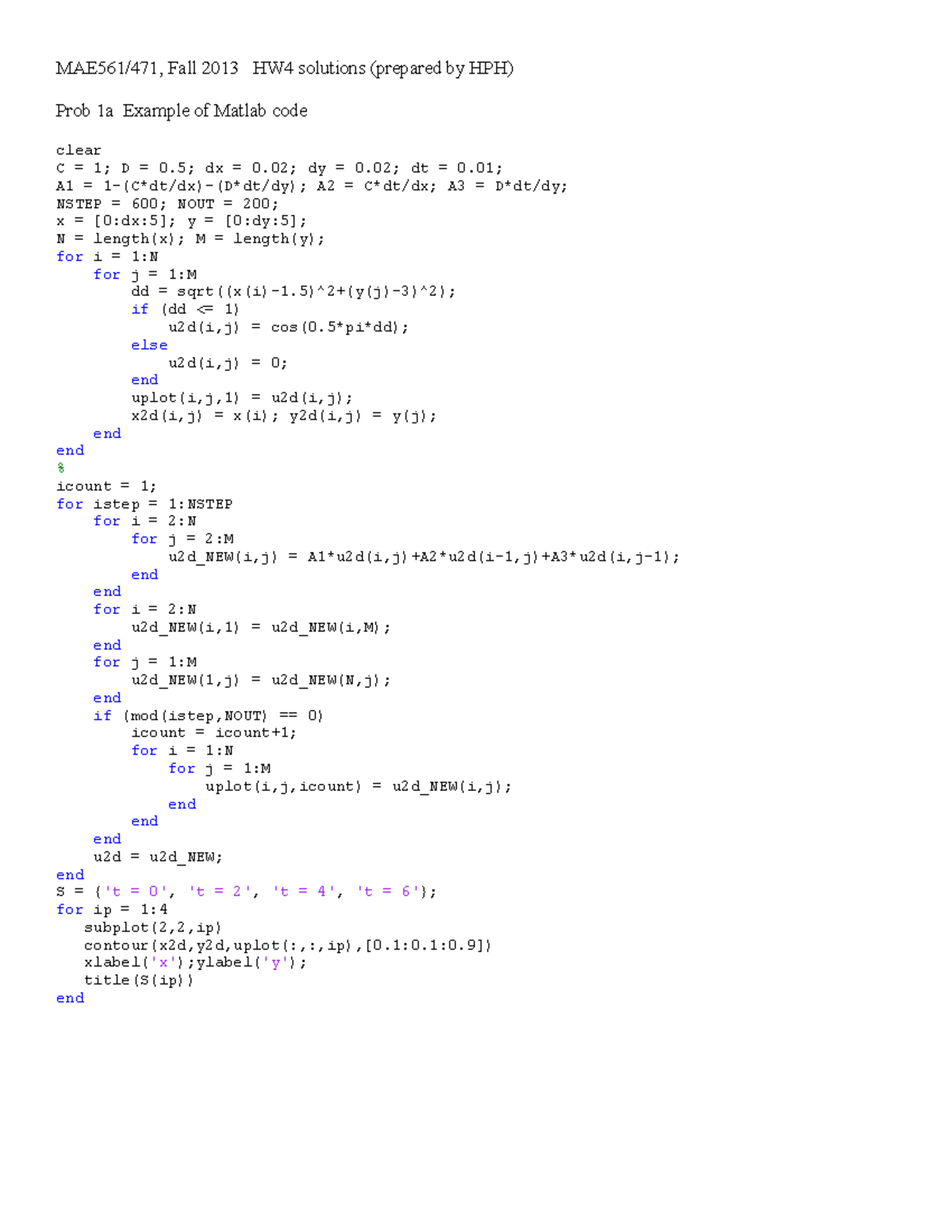 hw 4 solutions fall 2013 - MAE561/471, Fall 2013 HW4 solutions (prepared by HPH) Prob 1a Example ...