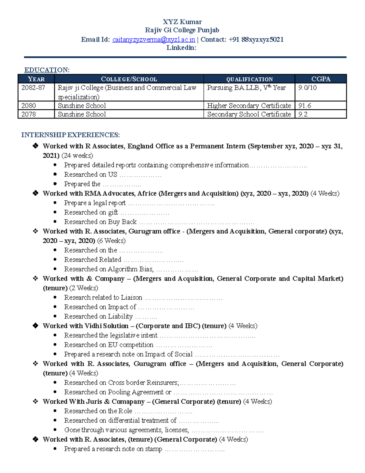 Sample-CV - Cv sample for us - XYZ Kumar Rajiv Gi College Punjab Email ...