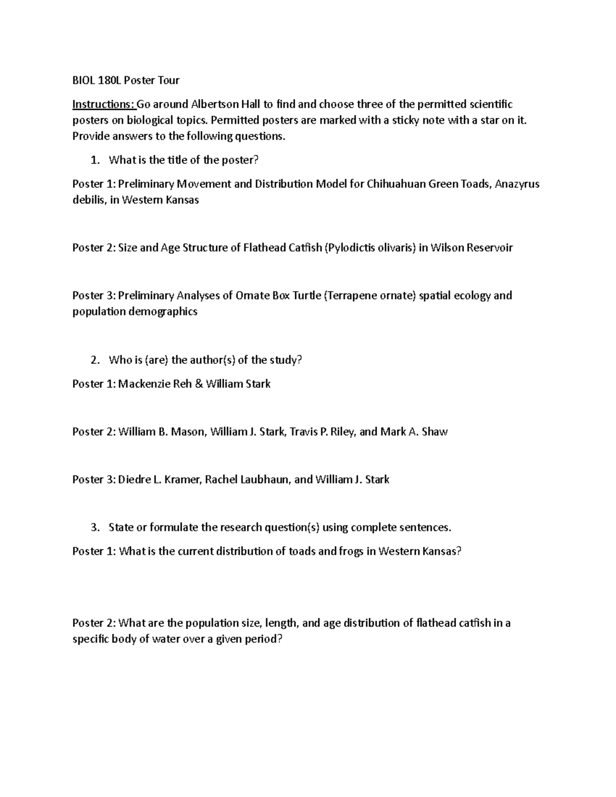 Poster Tour - BIOL 180L Poster Tour Instructions: Go around Albertson ...