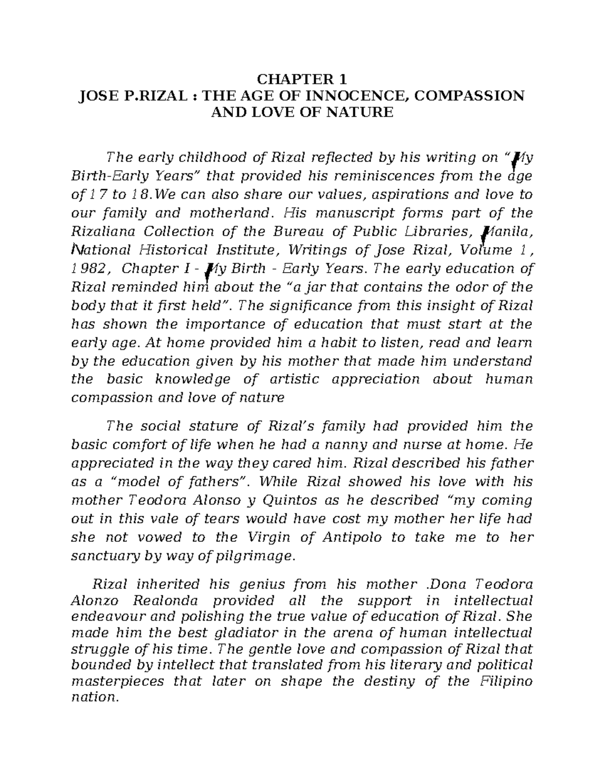 Jose Rizal-The Ageof Innocence COmpassionand Loveof Nature - CHAPTER 1 ...