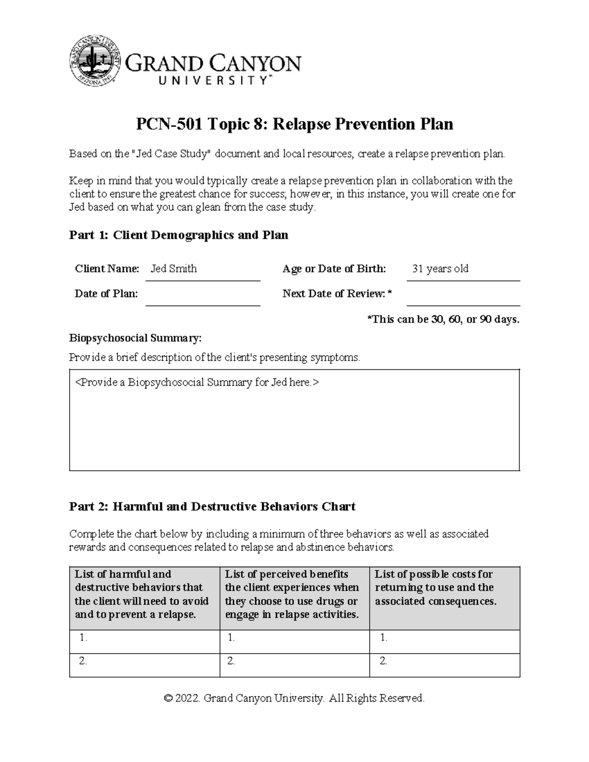 PCN 501 RS T8Relapse Prevention Plan - PCN-501 Topic 8: Relapse ...