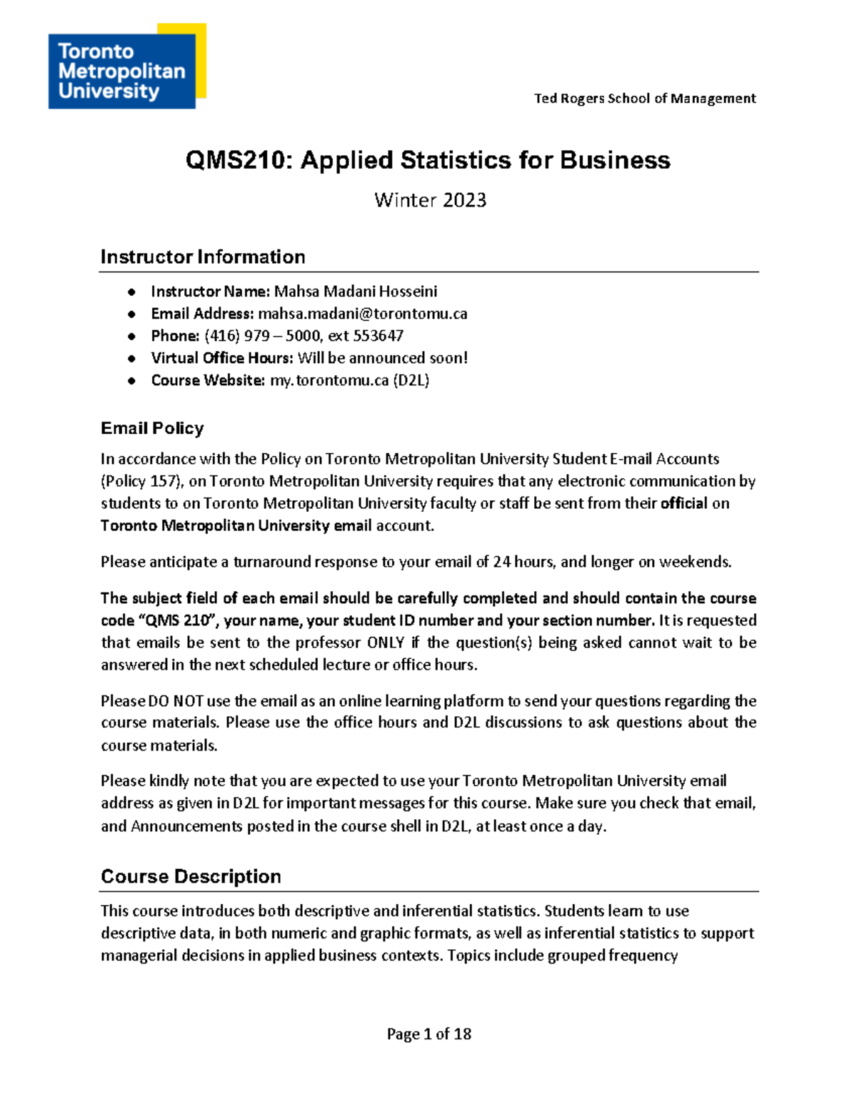QMS210 Course Outline Winter 2023 final - Ted Rogers School of ...