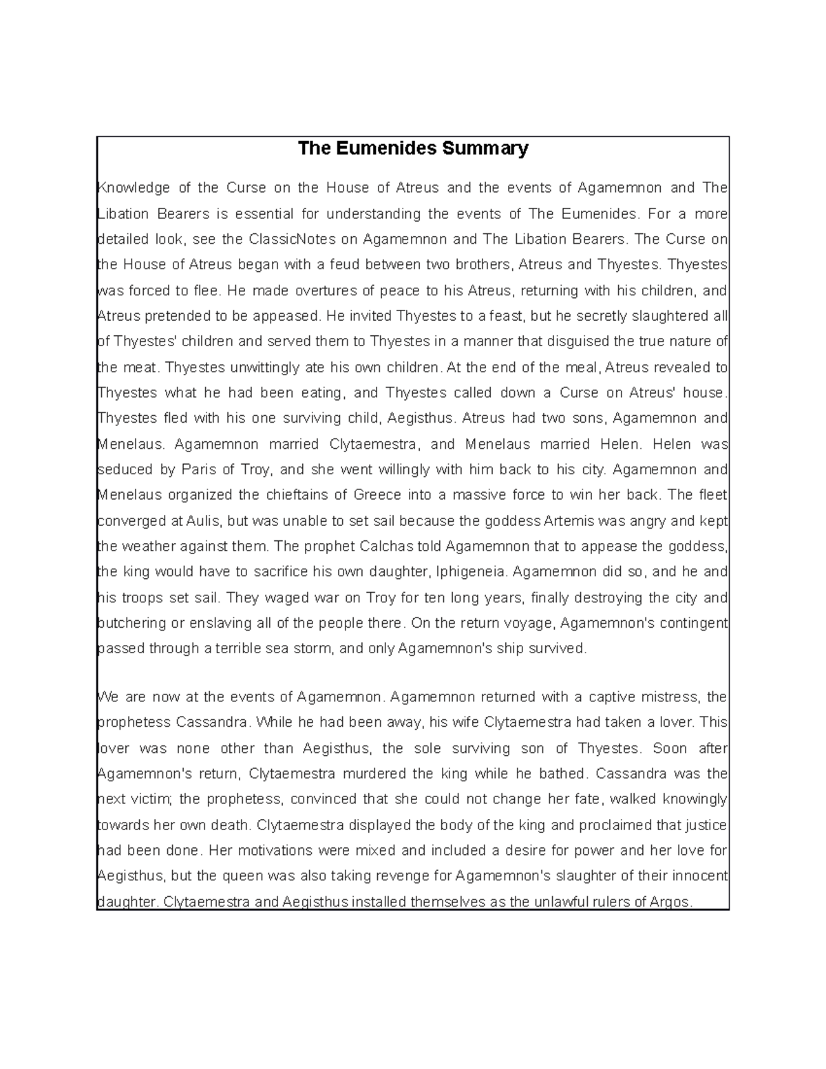 The Eumenides Summary - The Eumenides Summary Knowledge of the Curse on ...