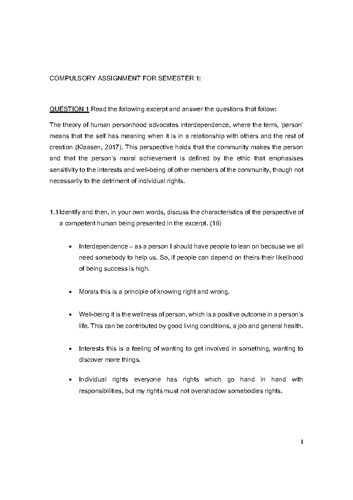 Iop2605 - assignment - COMPULSORY ASSIGNMENT FOR SEMESTER 1: QUESTION 1 Read the following ...