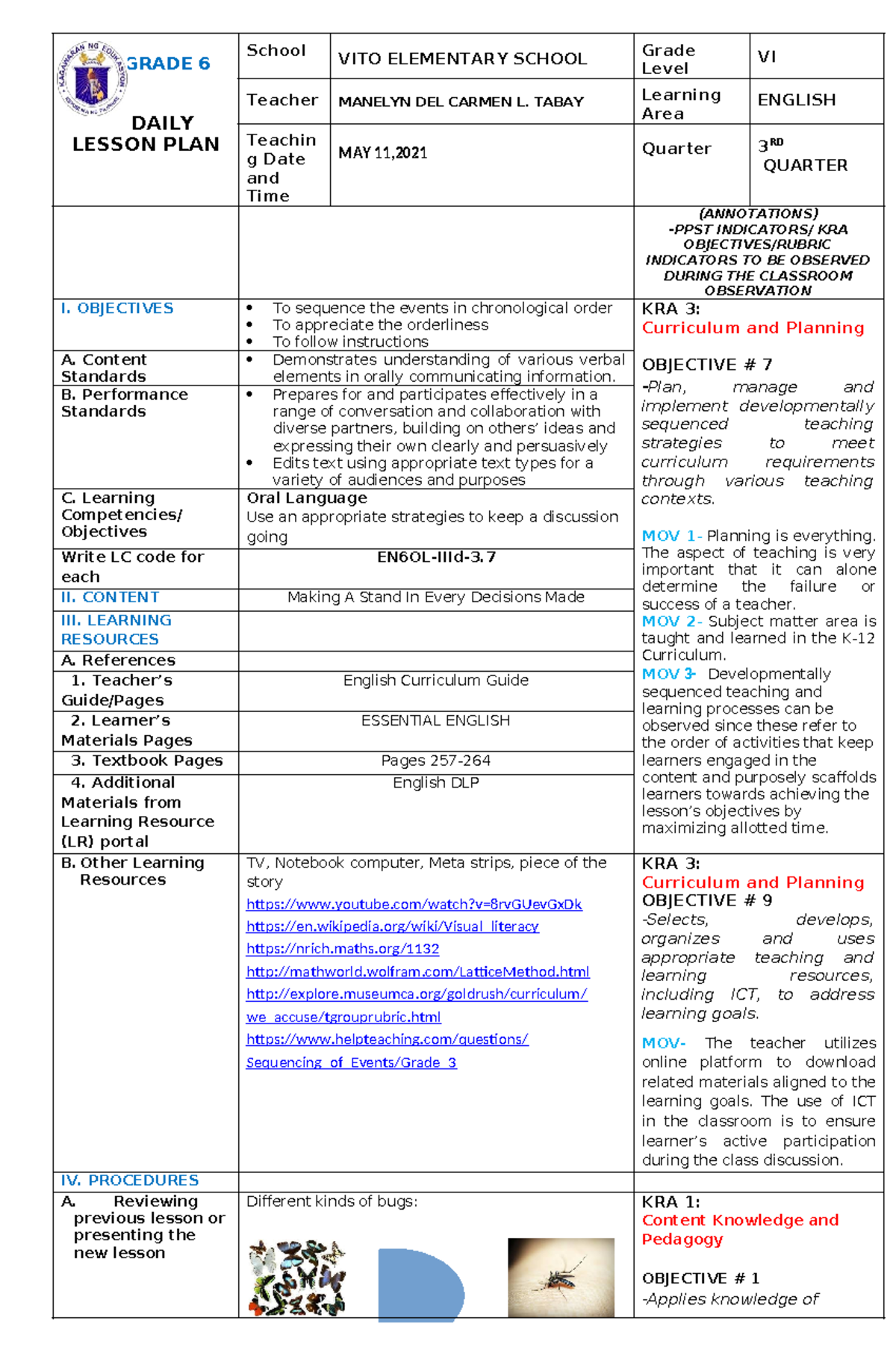 Lesson PLAN. Grade 6 Sequence of Events - GRADE 6 DAILY LESSON PLAN ...