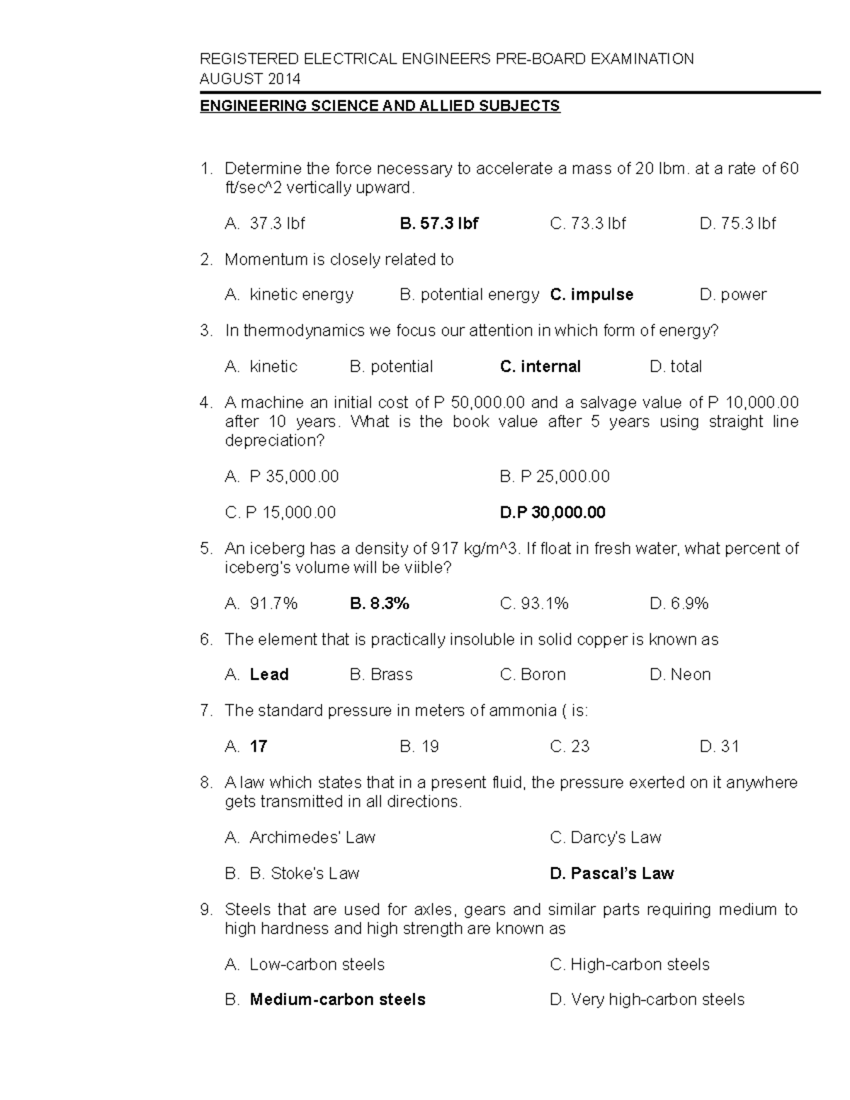 August-2014 - Pre Board Exams - AUGUST 2014 ENGINEERING SCIENCE AND ...