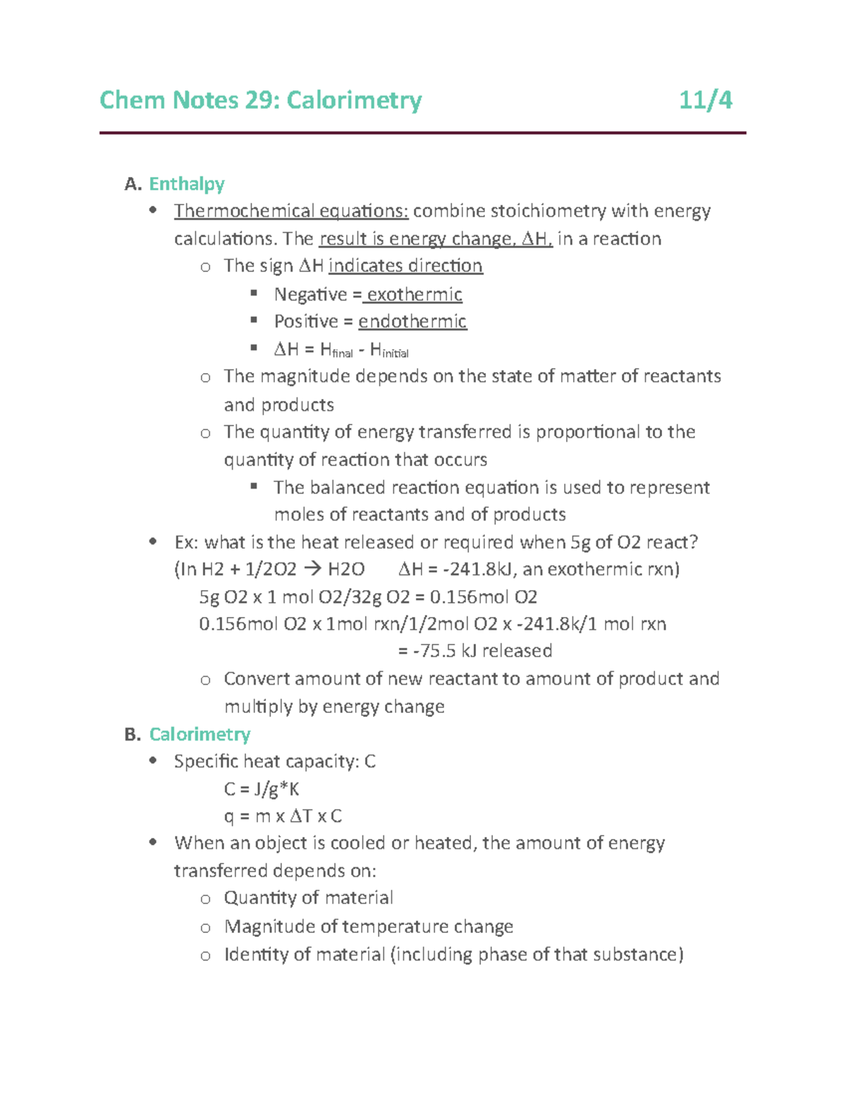 lecture notes calorimetry hilty - Chem Notes 29: Calorimetry 11/ A ...