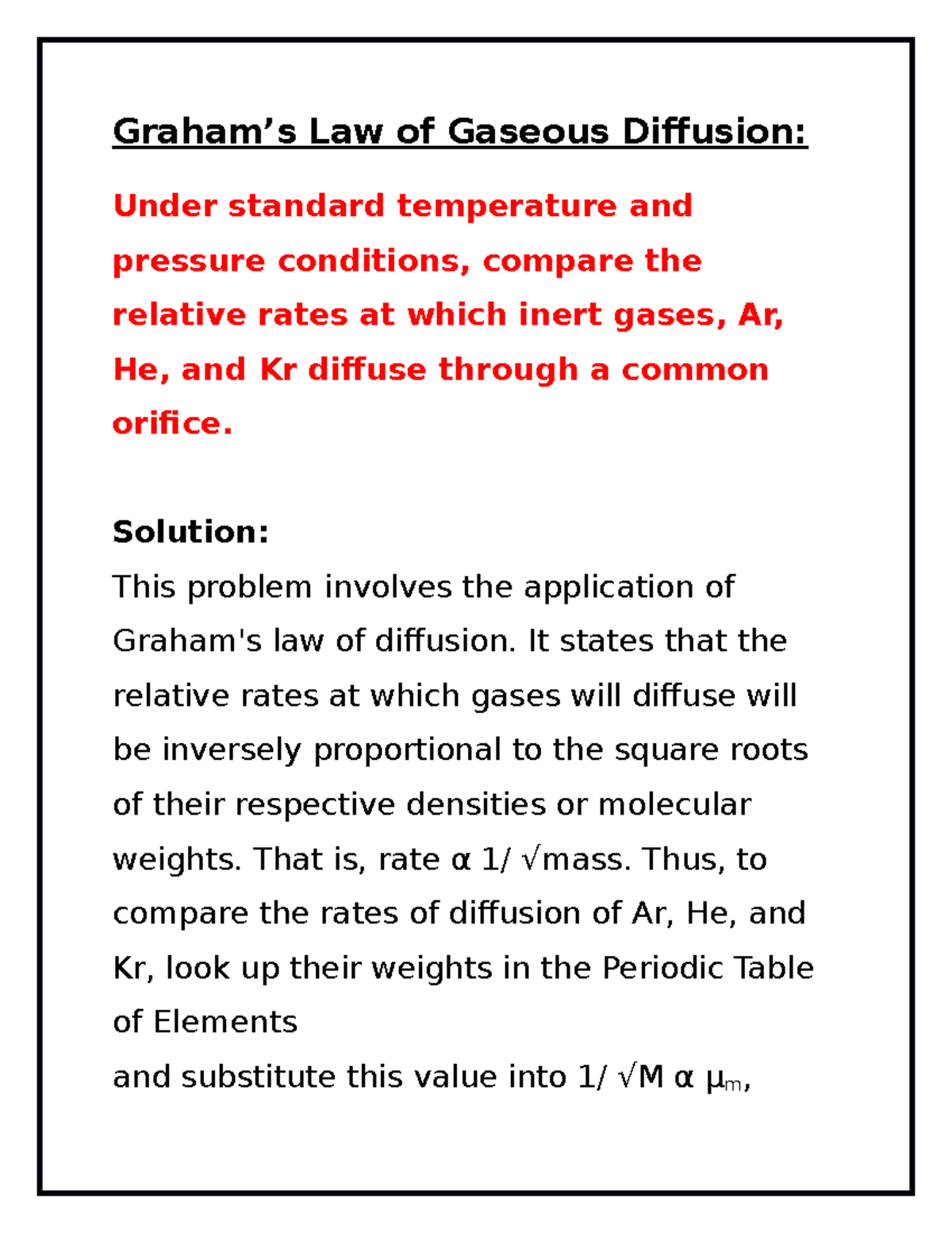 Numericals on Graham’s Law of Gaseous Diffusion - Graham’s Law of ...