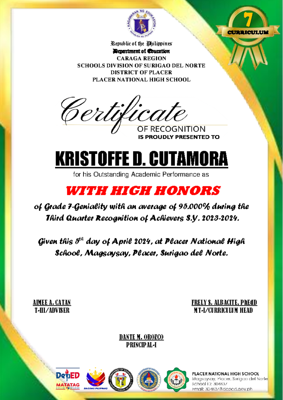 CERT Q3-1 - Third Quarter Certificate of Recognition for achievers ...