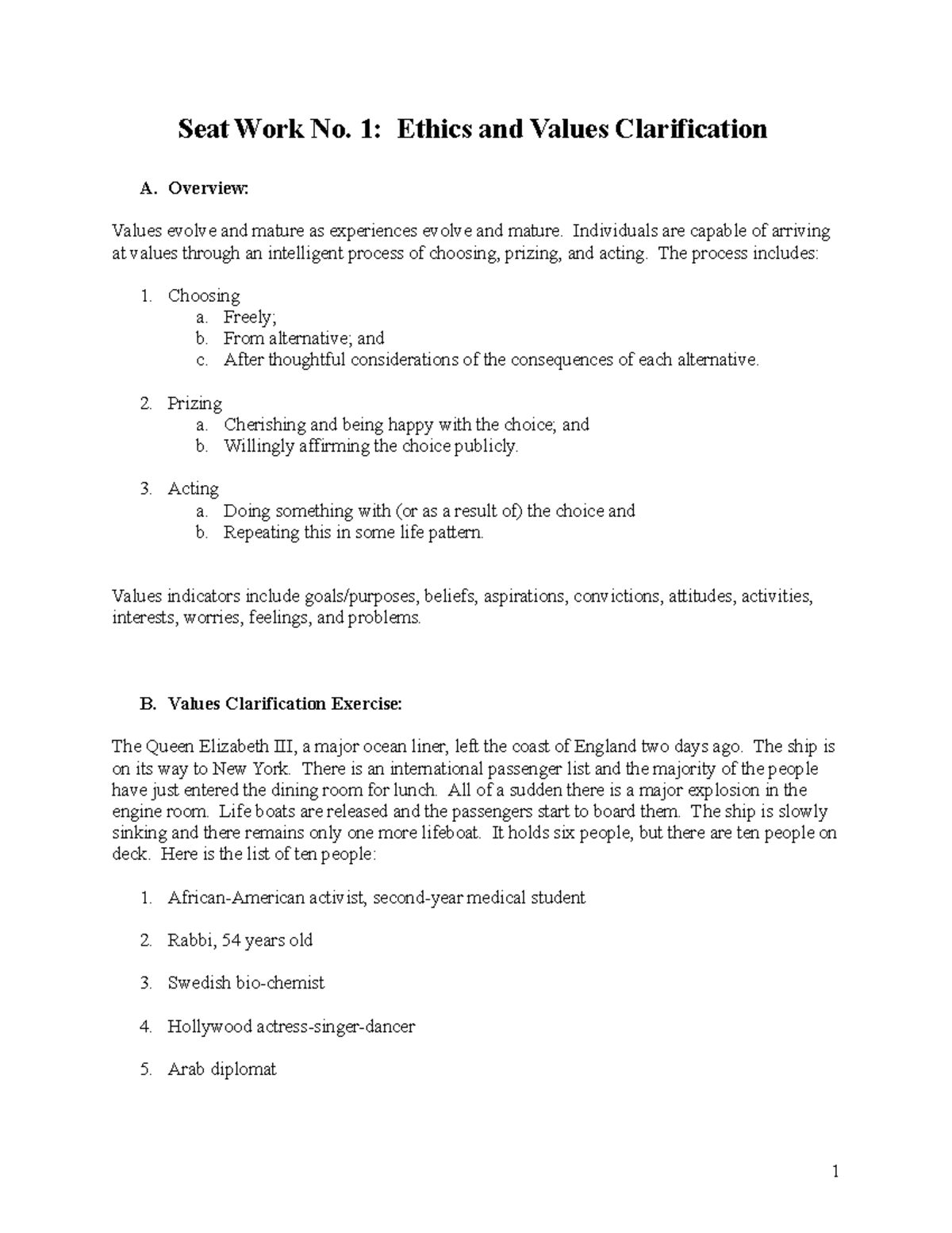 Activity - Values Clarification - Seat Work No. 1: Ethics and Values ...