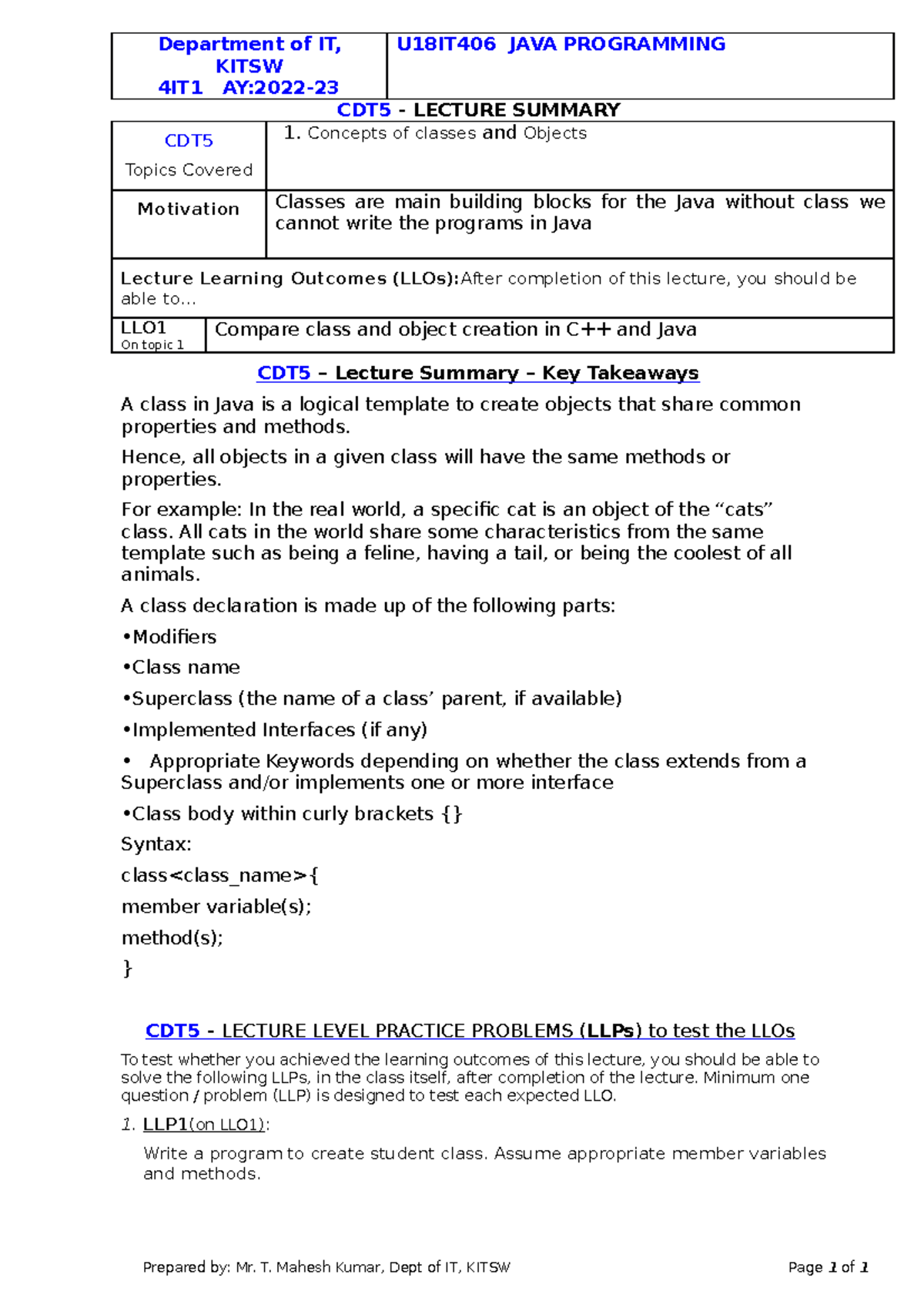 Java Cdt5 Summary 4it1 Tmk Department Of It Kitsw 4it1 Ay2022 U18it406 Java Programming