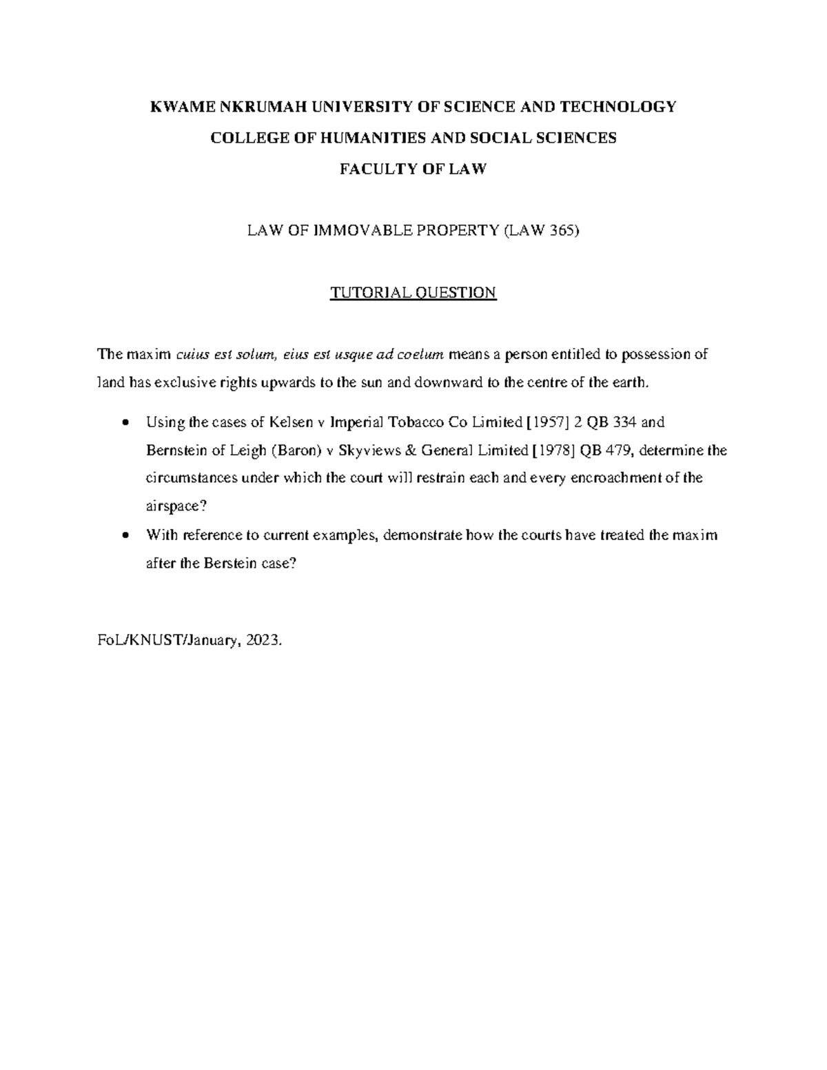 Land Law Tutorial Question - KWAME NKRUMAH UNIVERSITY OF SCIENCE AND ...