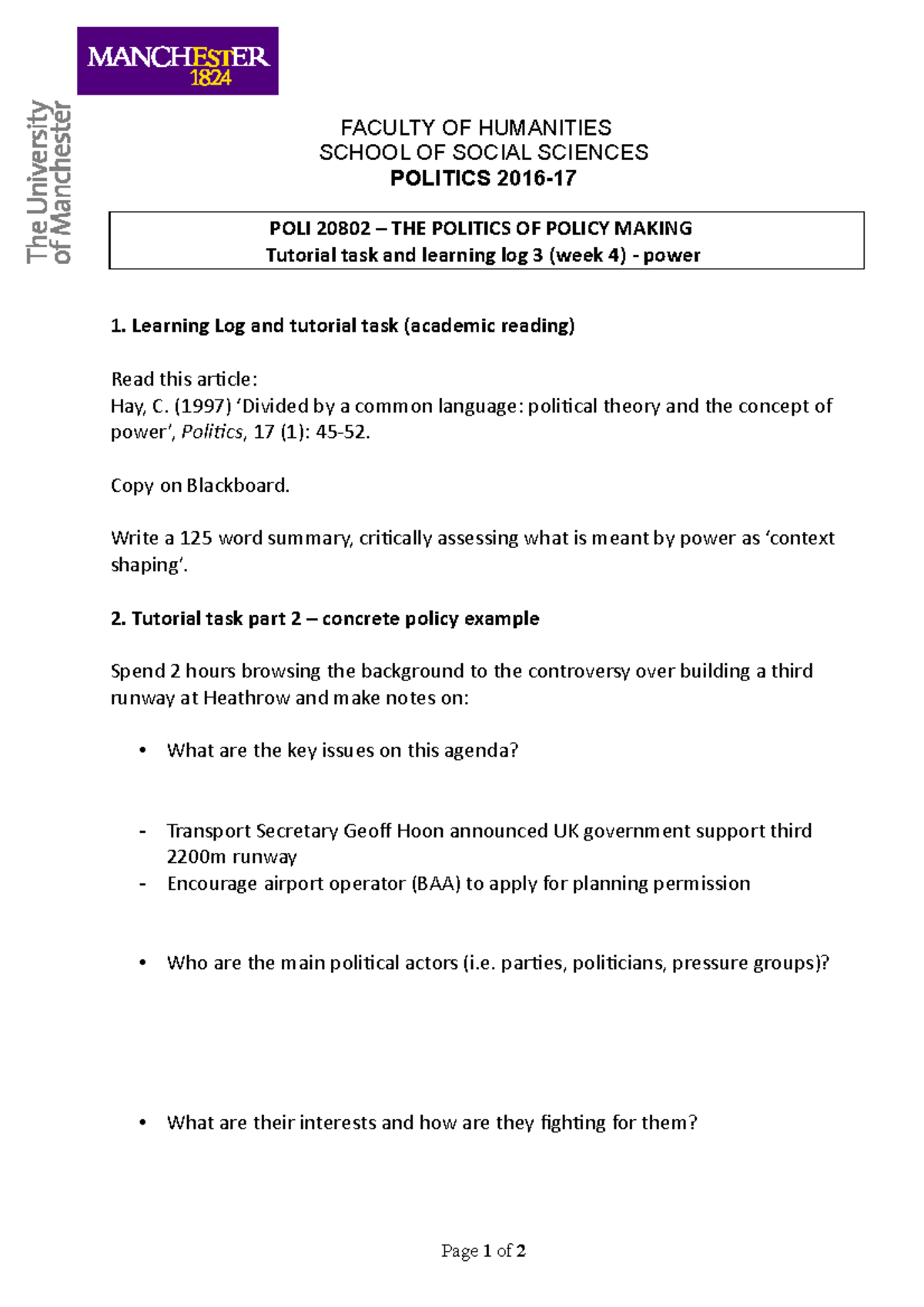 POLI20802 2016-17 Politics of Policy Making tutorial task for Topic 3 ...