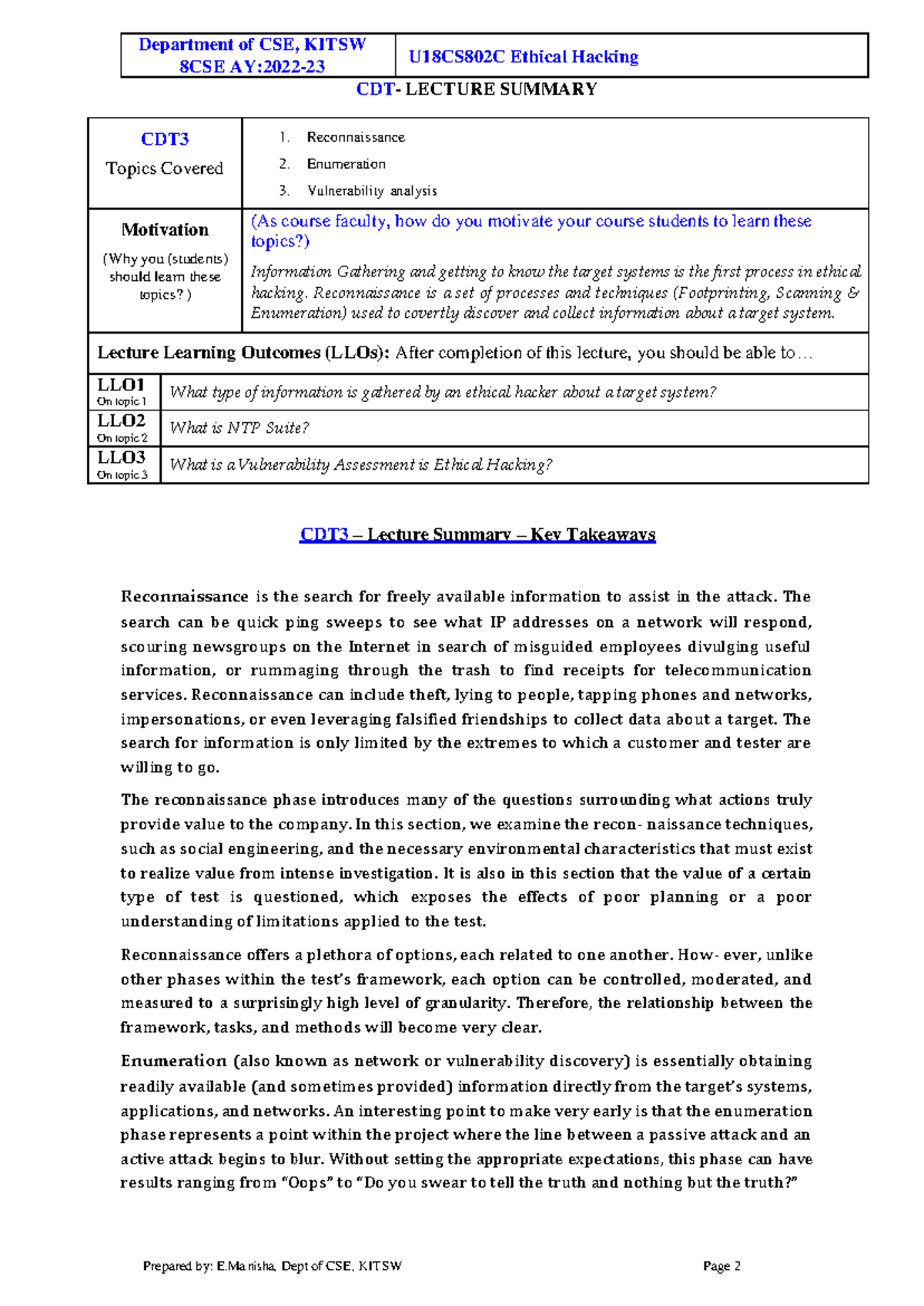 Eh U1 Cdt3 1 Reconnaissance 2 Enumeration 3 Vulnerability Analysis Ethical Hacking Problems