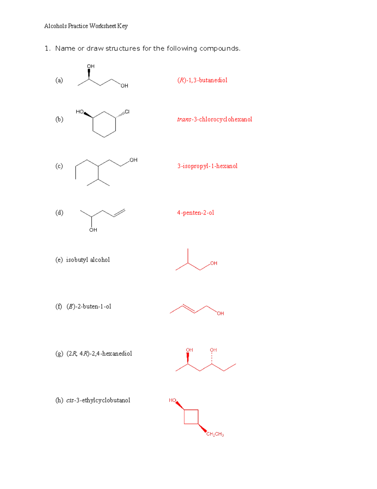 Alcohol worksheet key - Name or draw structures for the following ...