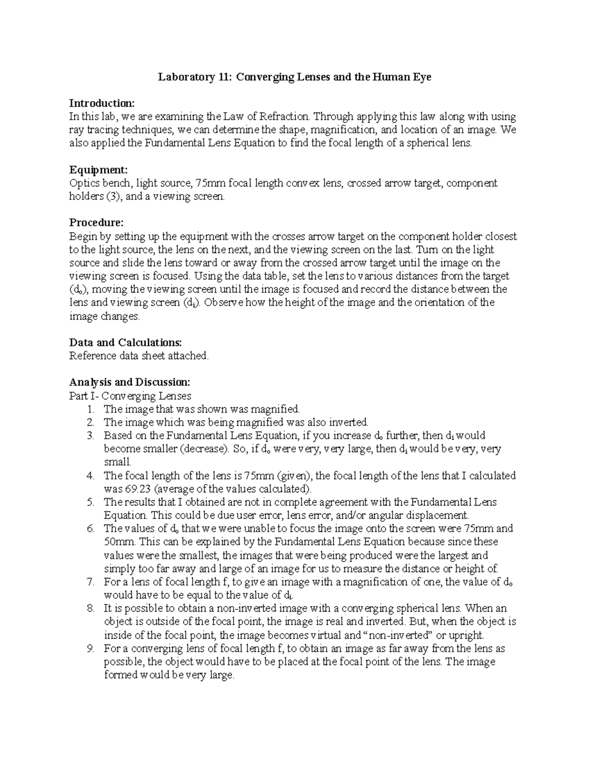 Physics Lab 123-11 - Laboratory 11: Converging Lenses and the Human Eye Introduction: In this ...