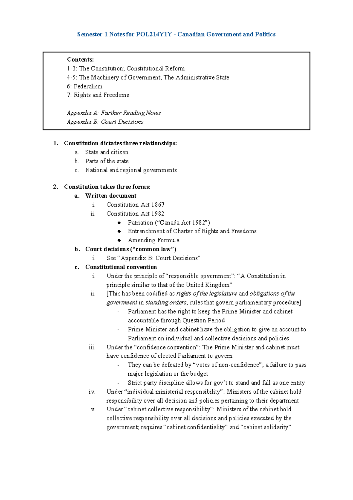 Semester 1 Notes - Contents: 1-3: The Constitution; Constitutional ...