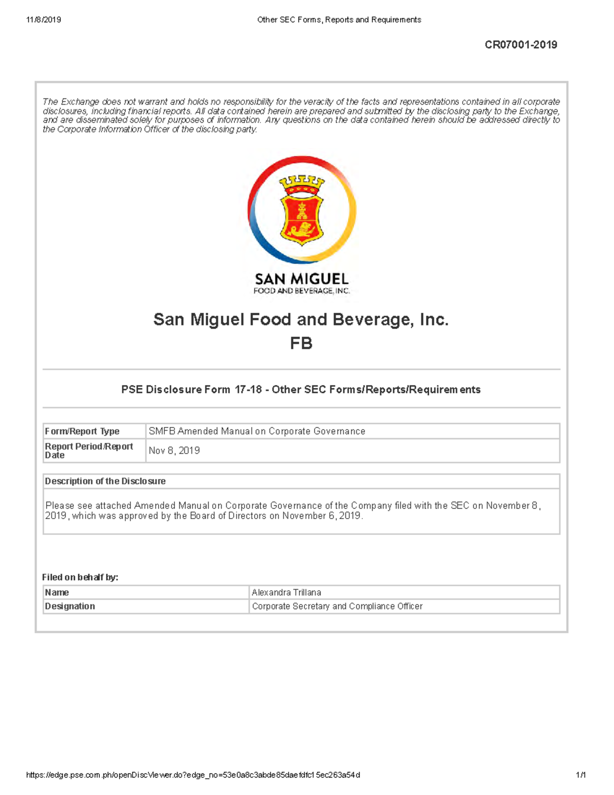 SMFB Manual on Corporate Governance 2 - 11/8/2019 Other SEC Forms ...