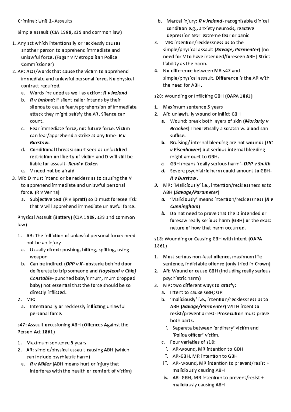 Criminal Law Unit 2 FS Assault, consent, reasonable use of force ...