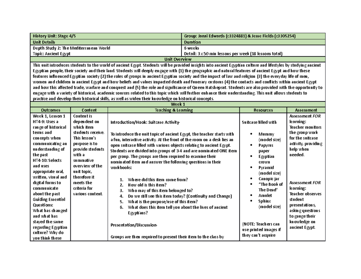 History Unit Plan - History Unit: Stage 4/5 Group: Janai Edwards ...