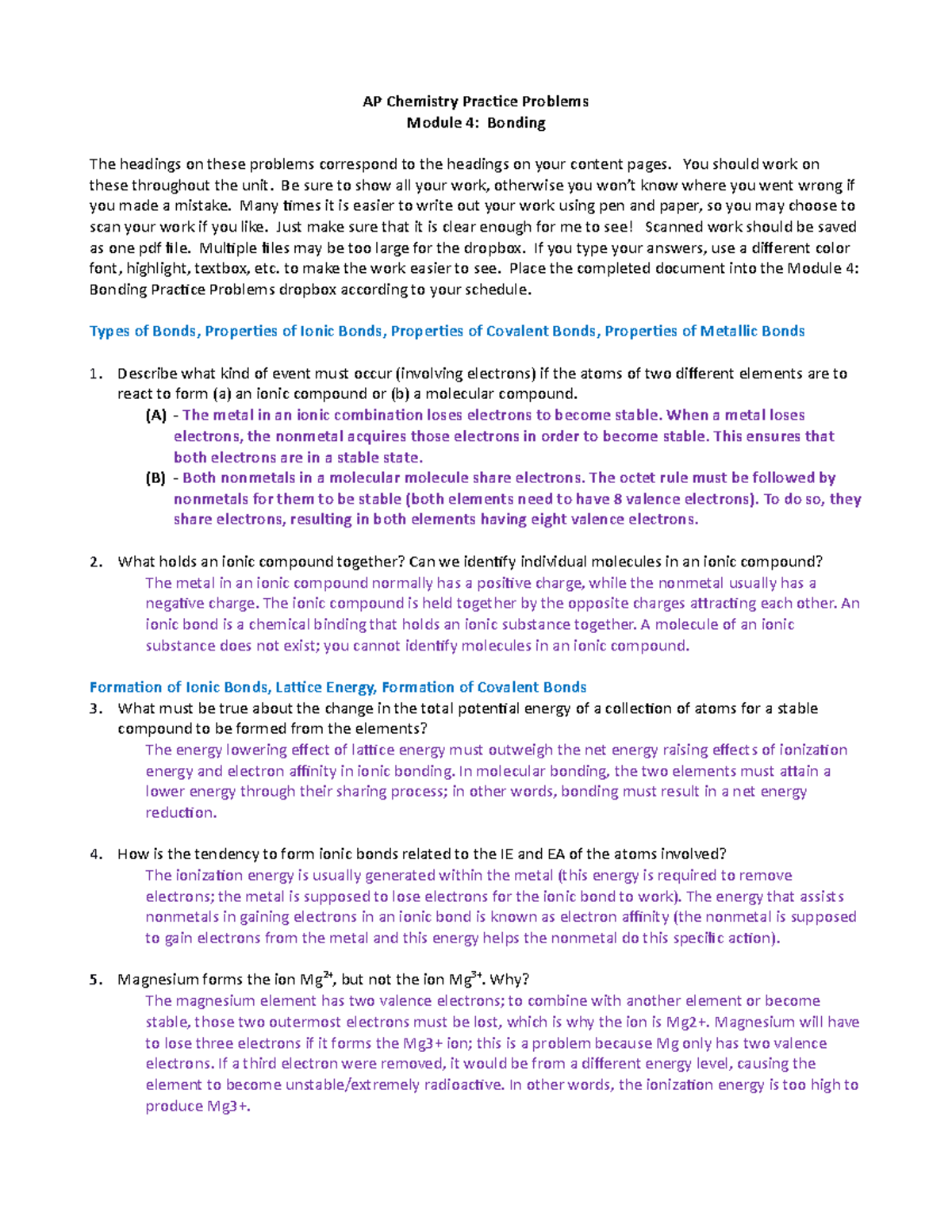 Module 4 - Bonding Practice Problems - AP Chemistry Practice Problems ...