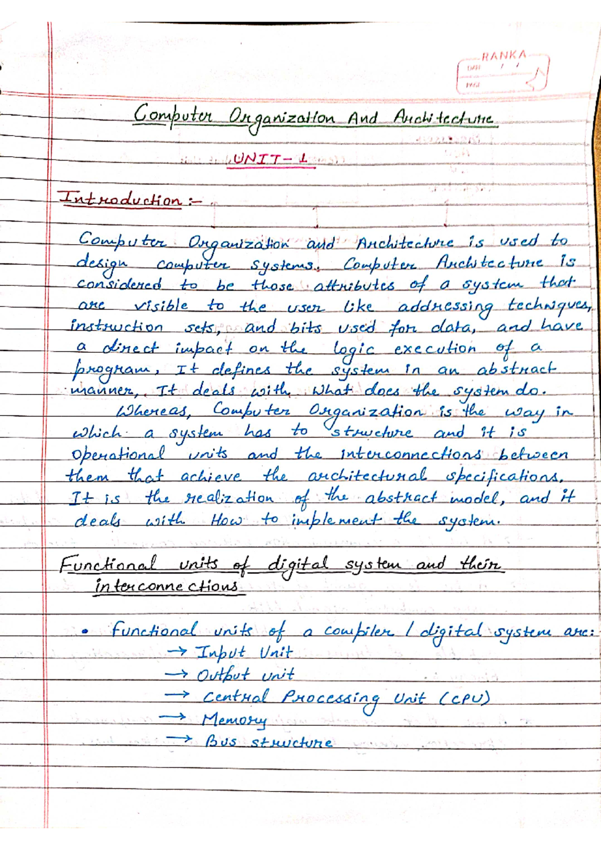 Coa unit 1 - coa unit 1 - RANKA DATE PAGE Computer Organization And Architecture Computer - Studocu