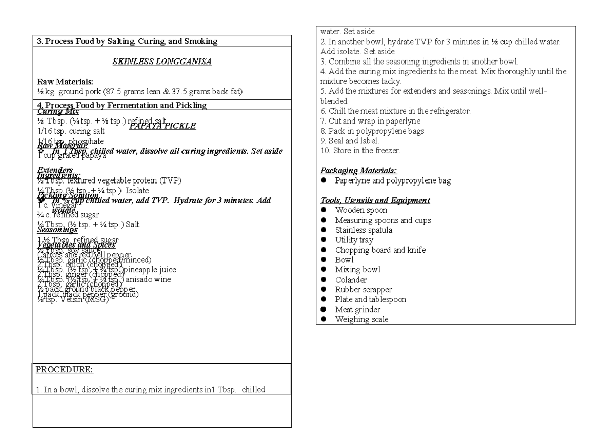 Process Food by Salting - PROCEDURE: In a bowl, dissolve the curing mix ...