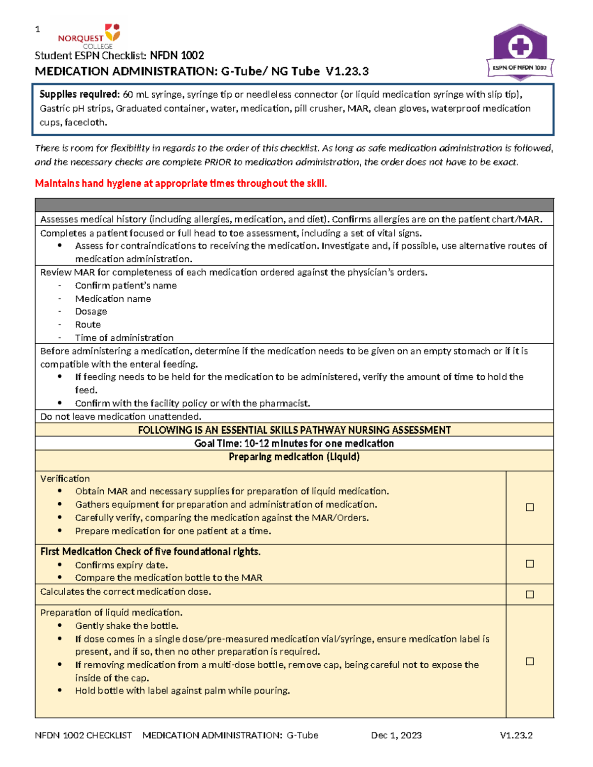 NFDN 1002 Student ESPN GT and NG Medication Checklist V1 - Student ESPN ...