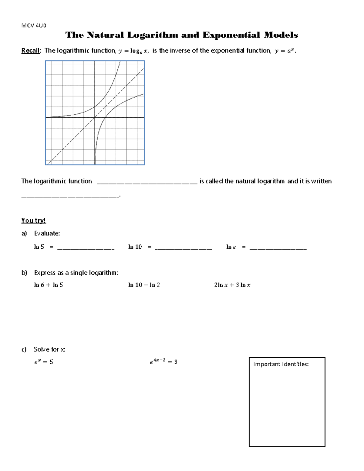 7.3 The Natural Logarithm and Exponential Models Lesson - MCV 4U ...