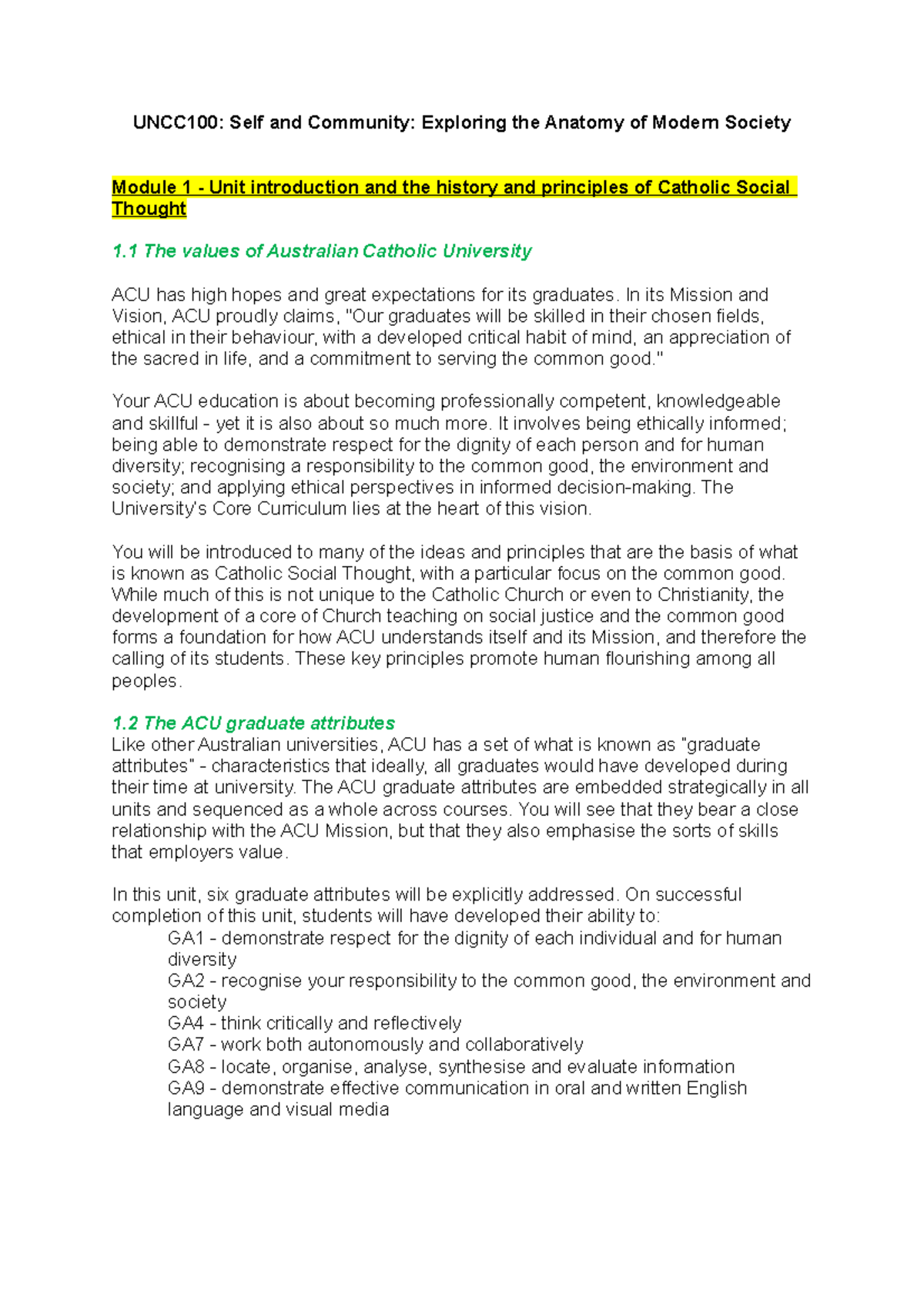 UNCC100 notes - UNCC100 - ACU - Studocu