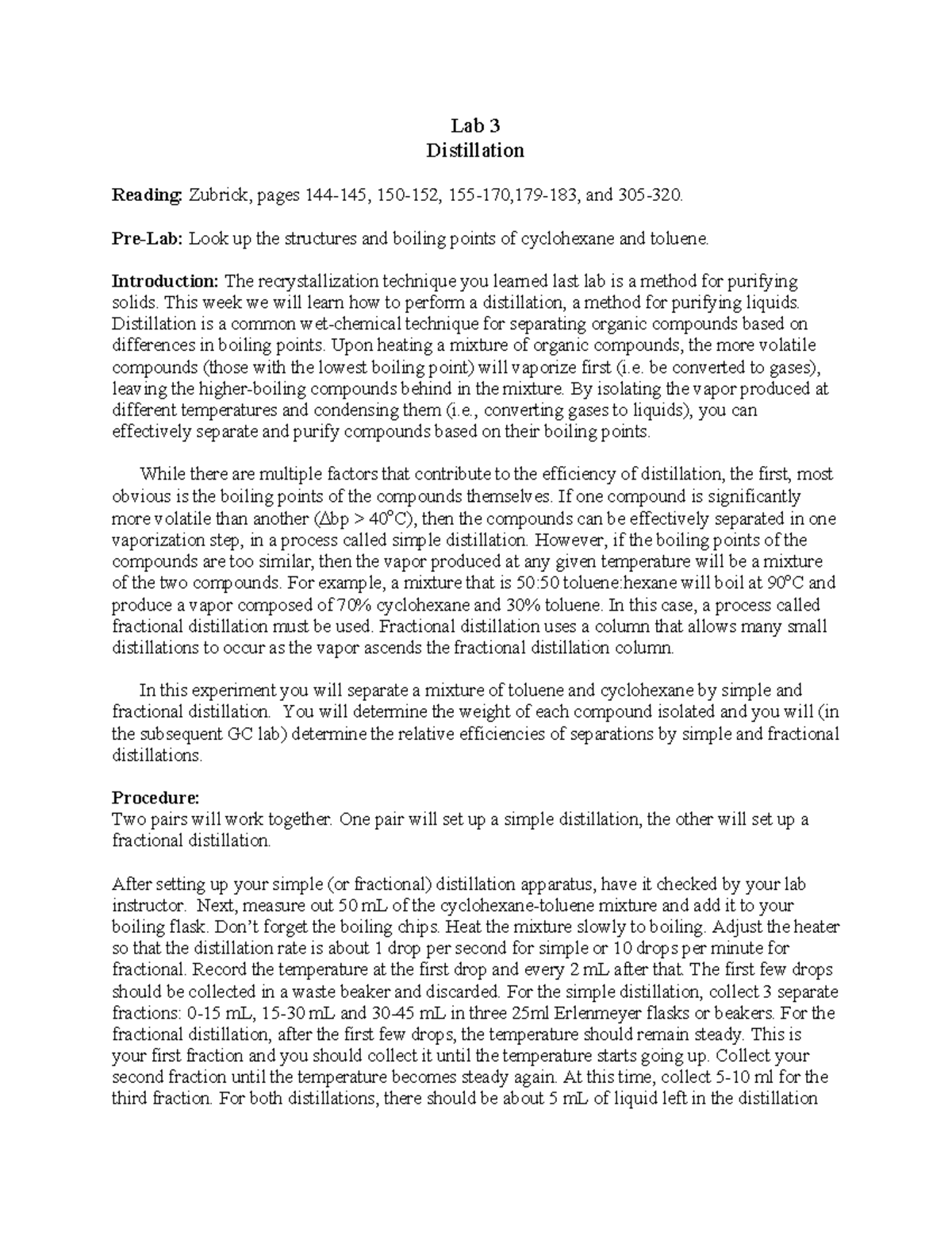 LAB3 - lab report - Lab 3 Distillation Reading: Zubrick, pages 144-145 ...