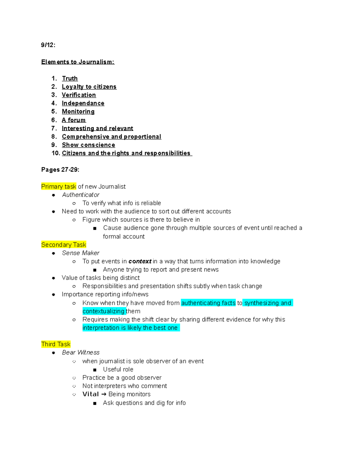 Intro to Journalism Notes - 9/12: Elements to Journalism: Truth Loyalty ...