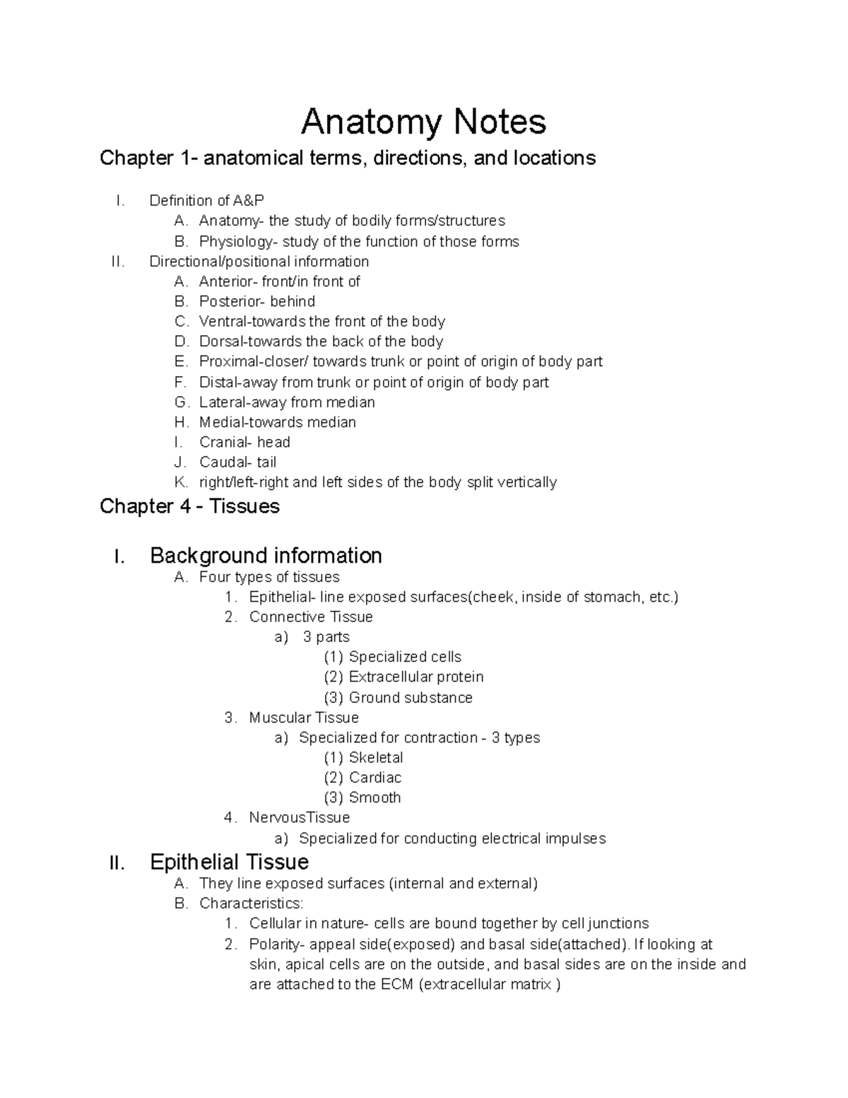 Anatomy Notes - Anatomy Notes Chapter 1- anatomical terms, directions ...