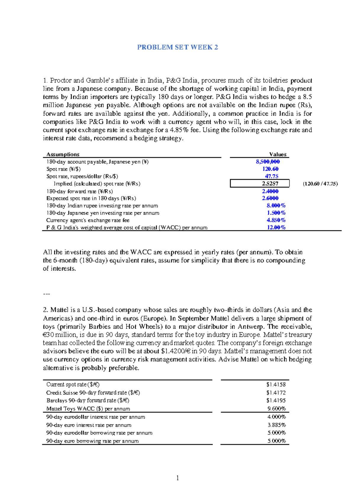 Problem Set 2 NS - 1 PROBLEM SET WEEK 2 1. Proctor and Gamble’s affiliate in India, P&G India ...
