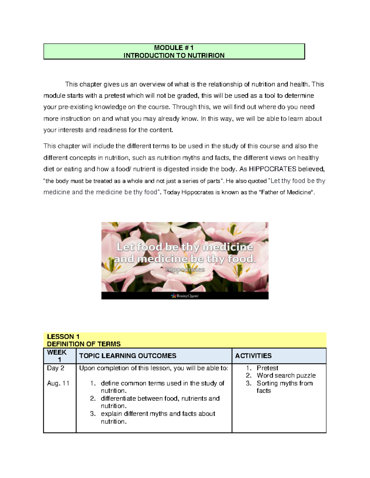Module - Lecture - MODULE # 1 INTRODUCTION TO NUTRIRION This chapter gives us an overview of ...