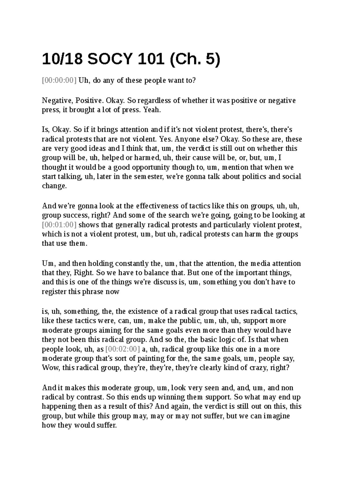 10/18 SOCY 101 Lecture Transcription/Notes (Ch. 5) - 10/18 SOCY 101 (Ch ...