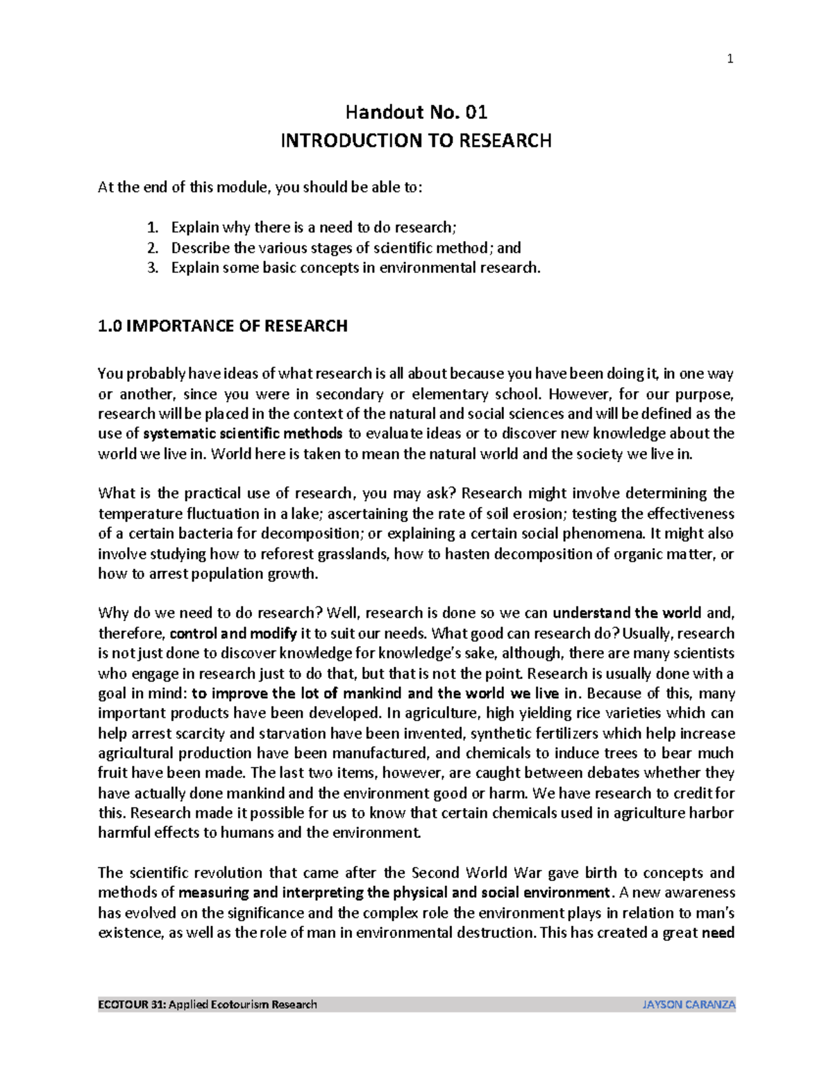 Introduction TO Research - Copy - Handout No. 01 INTRODUCTION TO ...