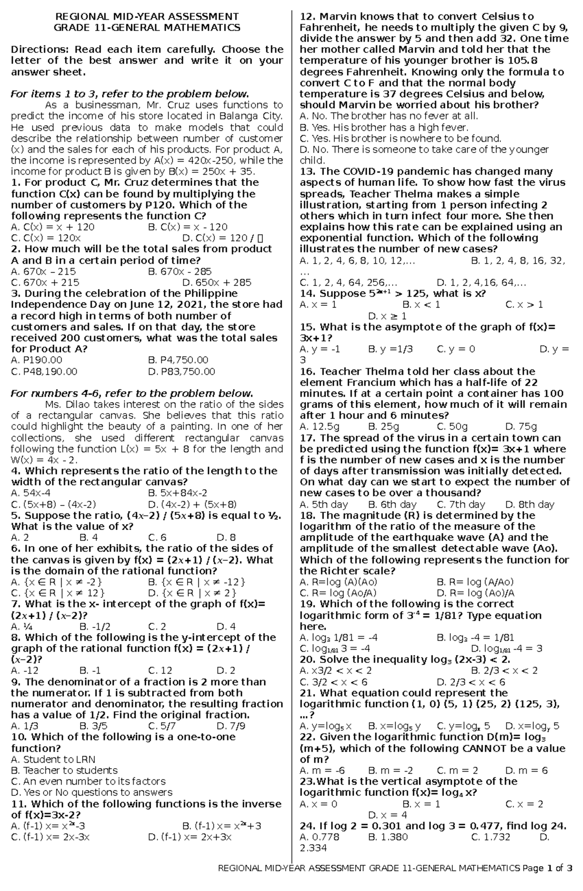 Regional MID-YEAR Assessment Grade 11- General Mathematics - REGIONAL ...