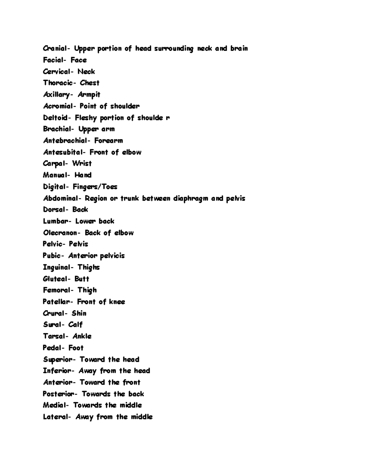 Anatomy Vocab - Cranial- Upper portion of head surrounding neck and ...