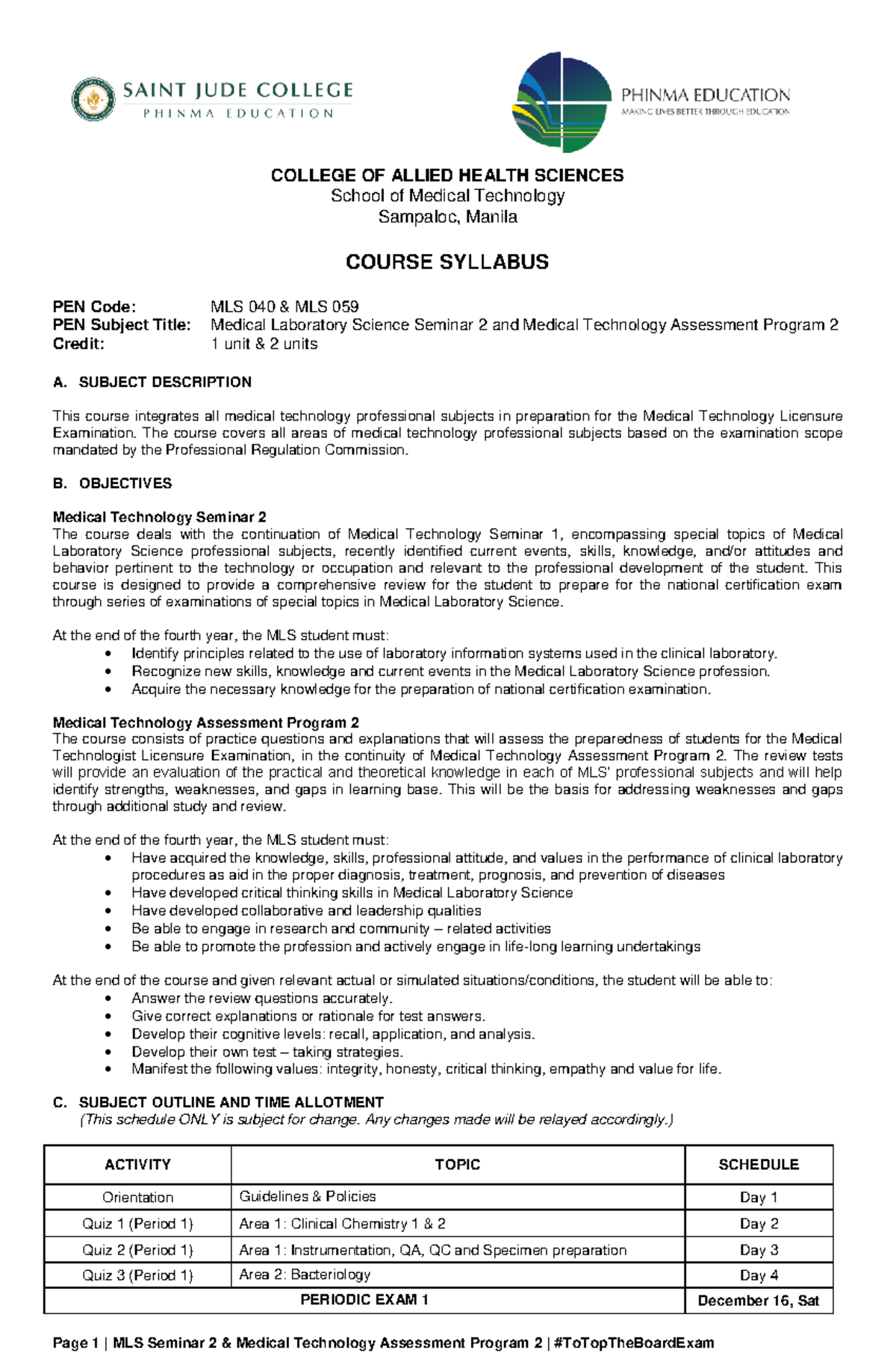 Bsmls MLS 040 MLS 059 Course Syllabus - COLLEGE OF ALLIED HEALTH ...