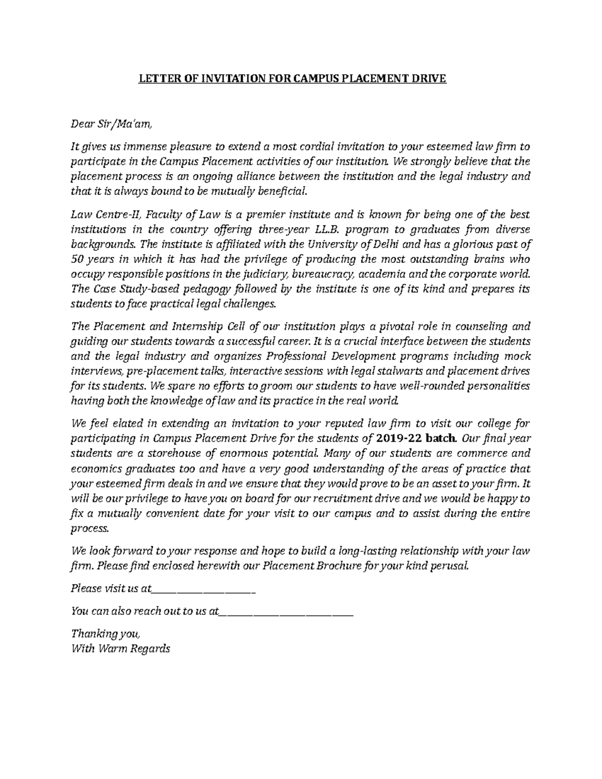 Desai&Diwanji Invitation for Campus Placement - LETTER OF INVITATION ...