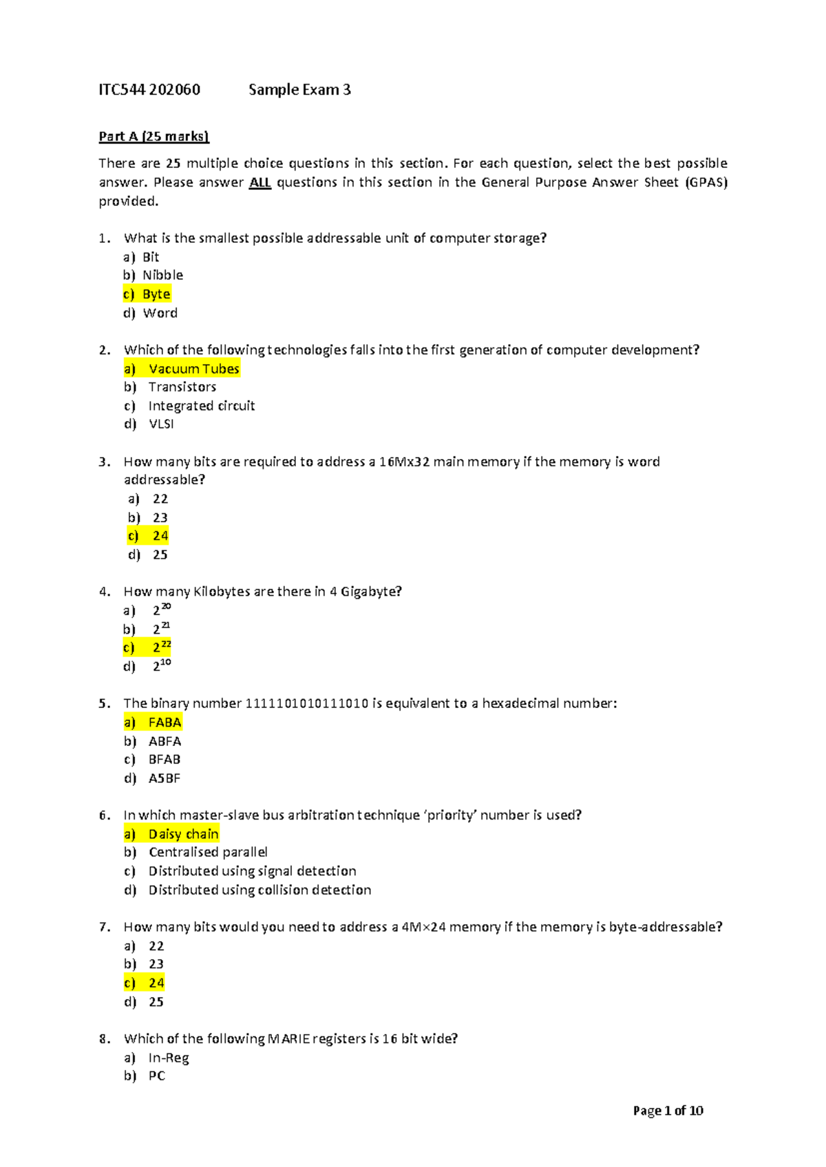 Sample Exam 3 - For each question, select the best possible answer ...