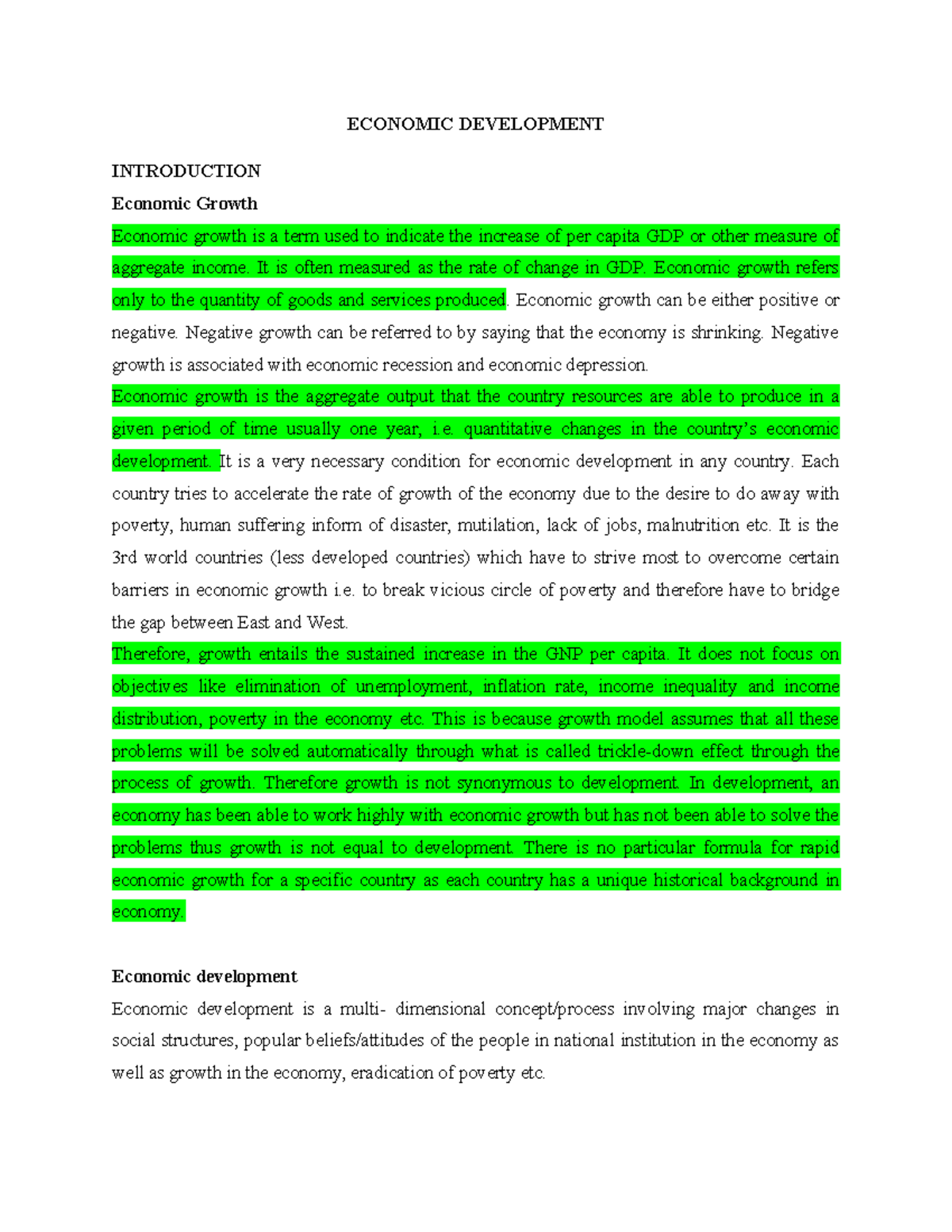 Economic Development Lecture Notes Bcom 304 - Copy - ECONOMIC ...
