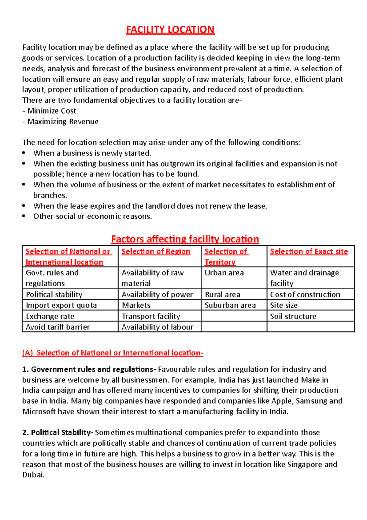 Facility Location - notes - FACILITY LOCATION Facility location may be ...