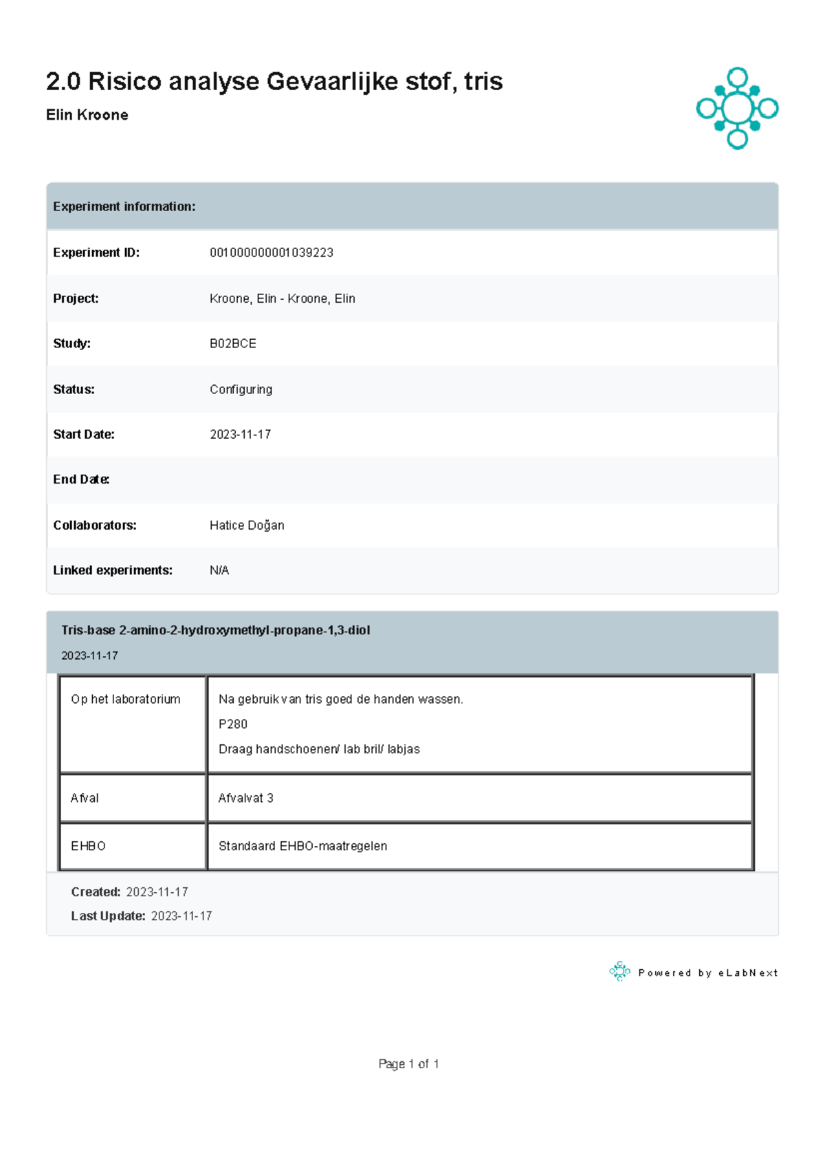 PT2 rode kool proef - 2 Risico analyse Gevaarlijke stof, tris Elin ...