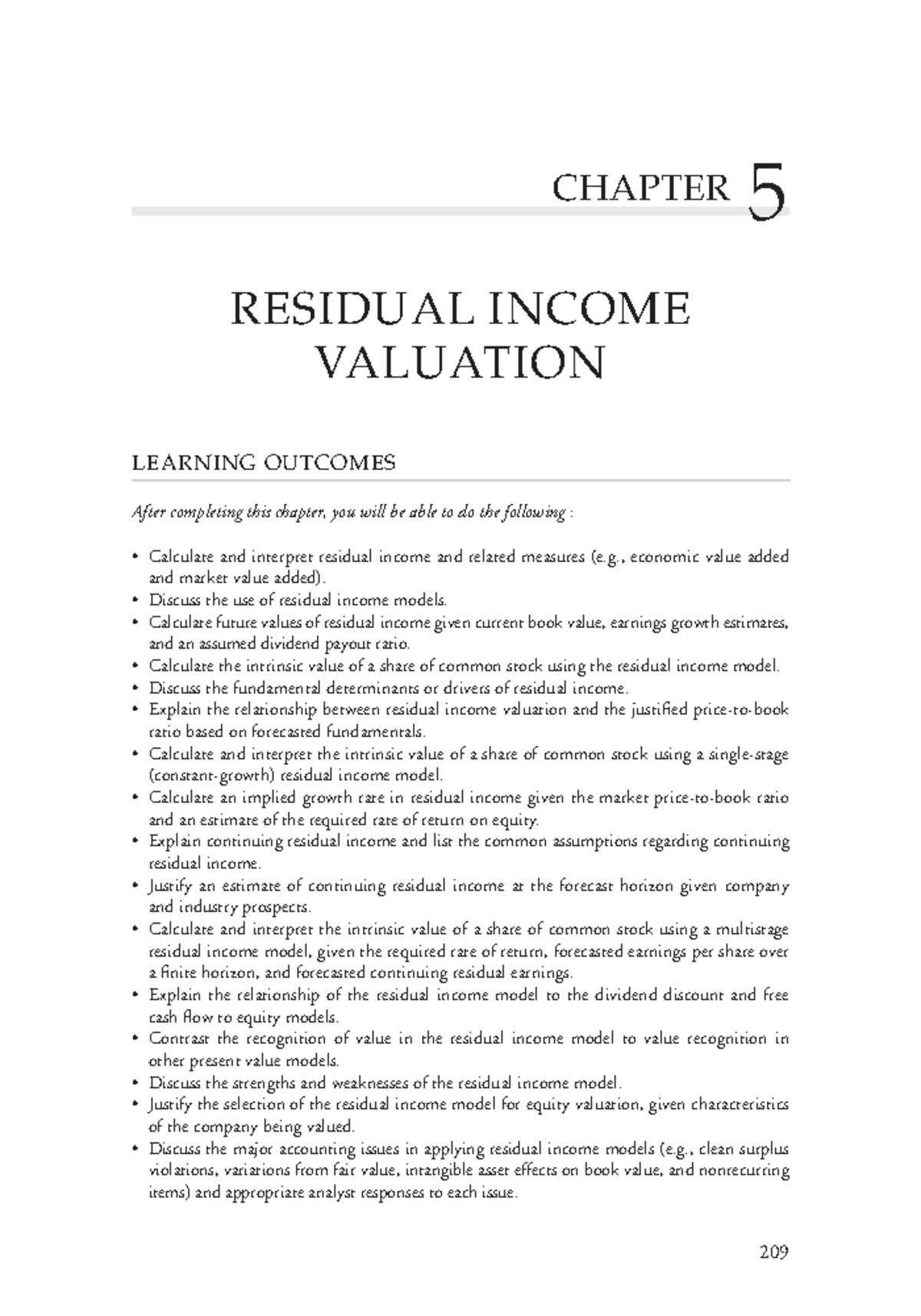 Residual-Income-Valuation - 209 CHAPTER 5 RESIDUAL INCOME VALUATION LEARNING OUTCOMES After ...