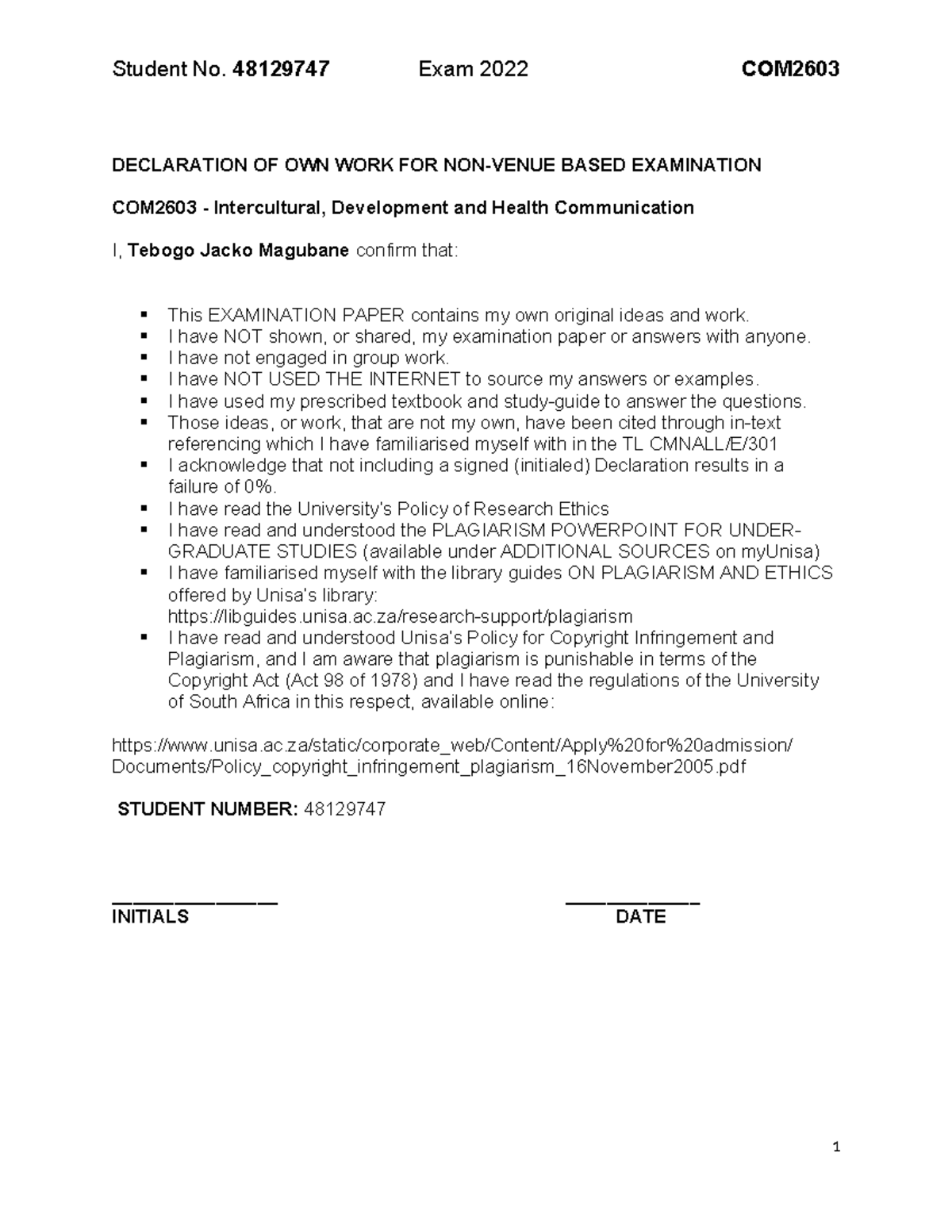 Exam COM2603 - DECLARATION OF OWN WORK FOR NON-VENUE BASED EXAMINATION ...