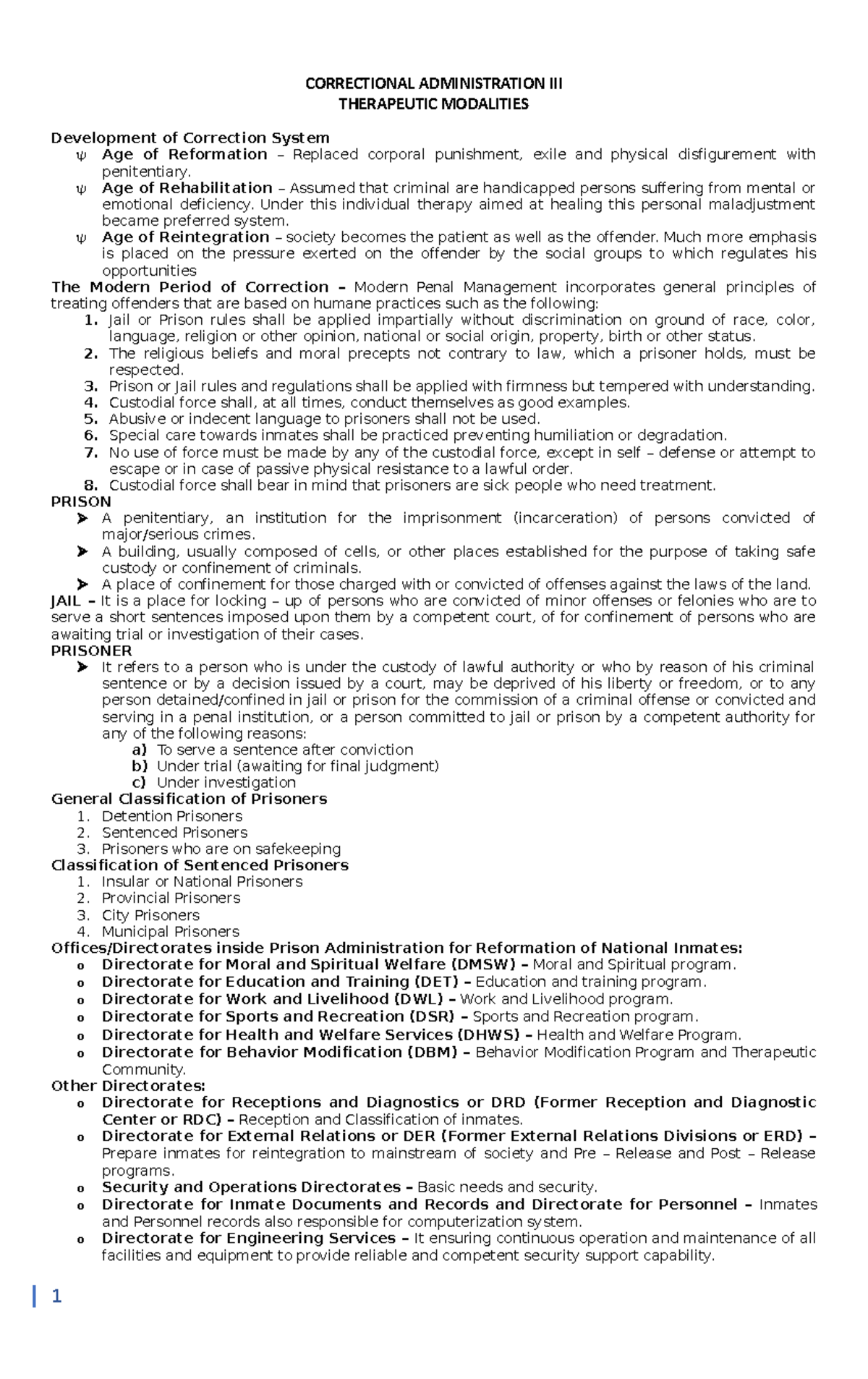 Shorten-CA3 - Summary - CORRECTIONAL ADMINISTRATION III THERAPEUTIC MODALITIES Development of ...