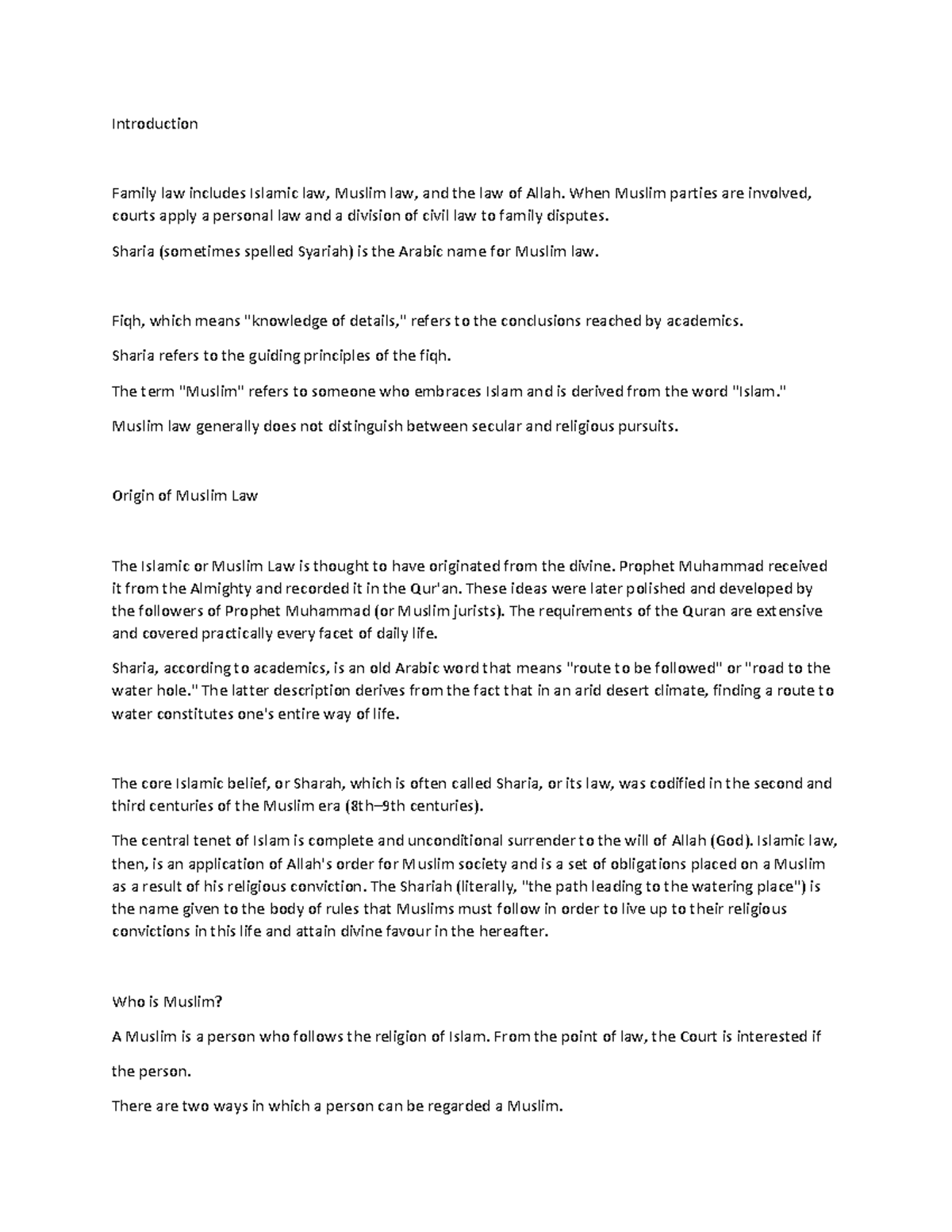Introduction and sources of muslim law - Introduction Family law ...